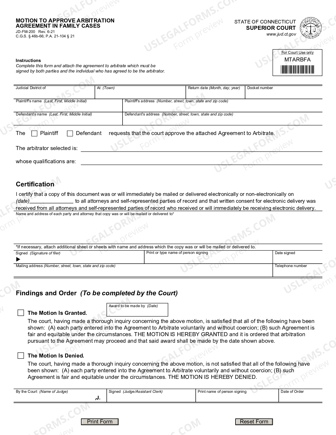 Connecticut Motion to Approve Arbitration Agreement in Family Cases ...