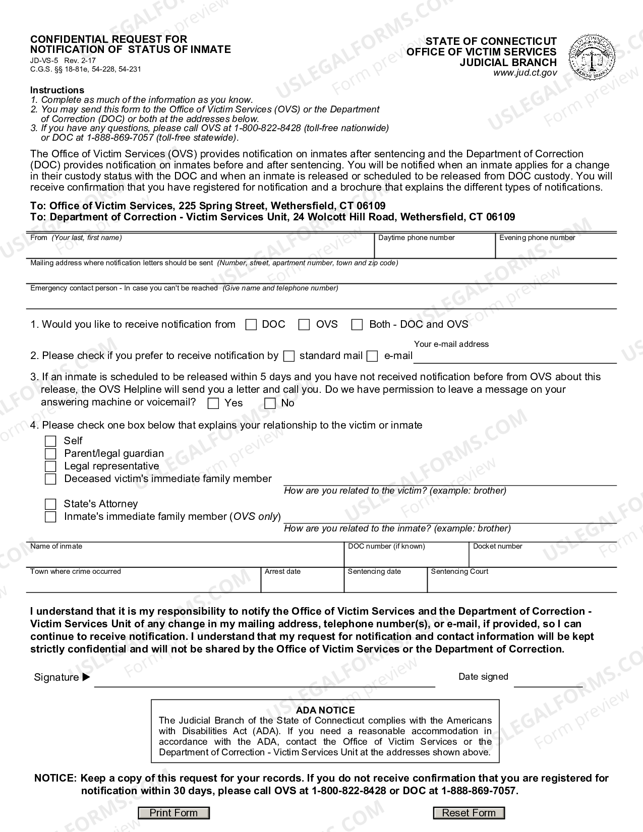 Connecticut Confidential Request for Notification of Status of Inmate ...