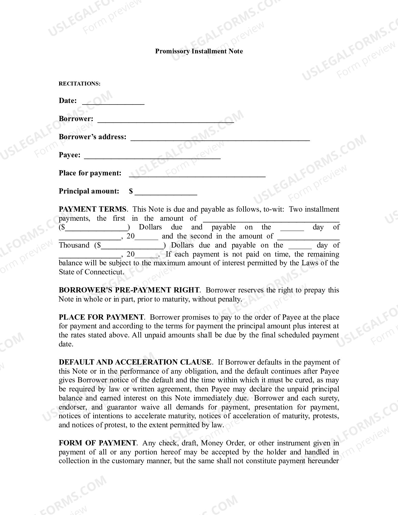 Connecticut Promissory Installment Note | US Legal Forms