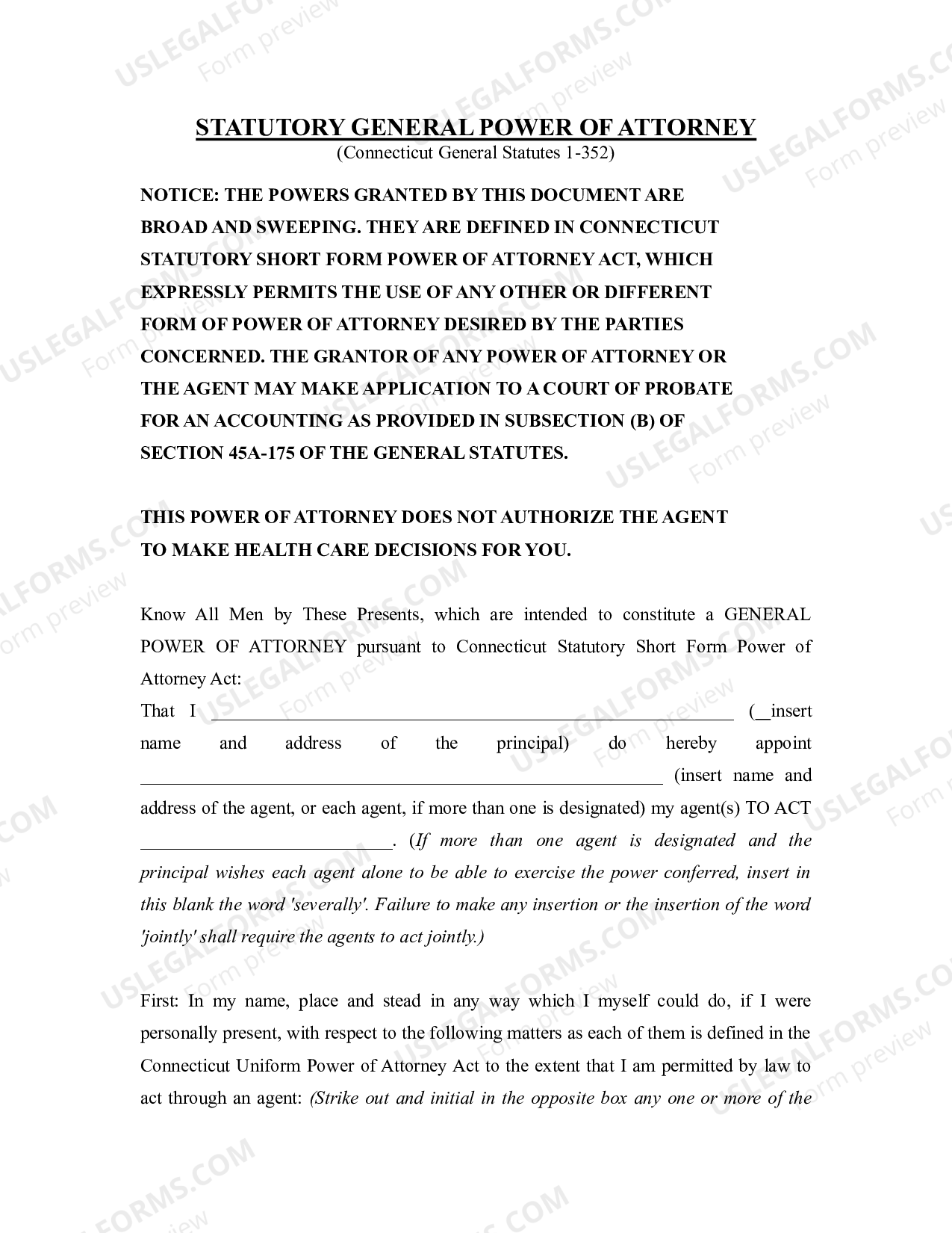 Connecticut Statutory General Power of Attorney with Durable Provisions ...