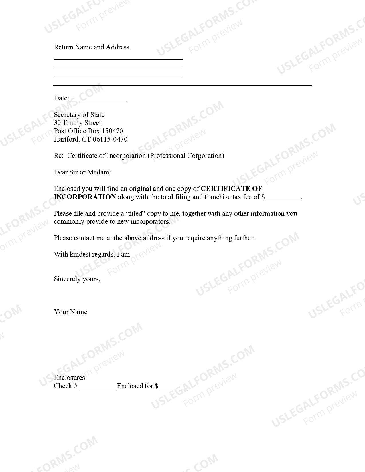 Connecticut Sample Transmittal Letter for Certificate of Incorporation ...