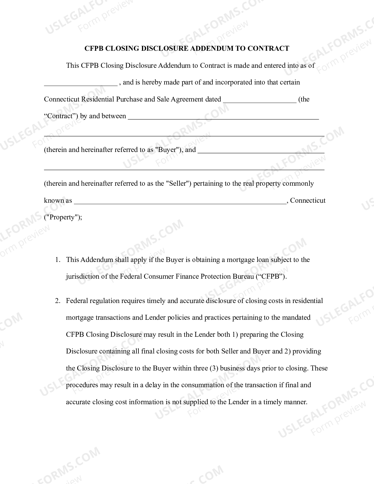 Connecticut CFPB Closing Disclosure Addendum to Contract | US Legal Forms