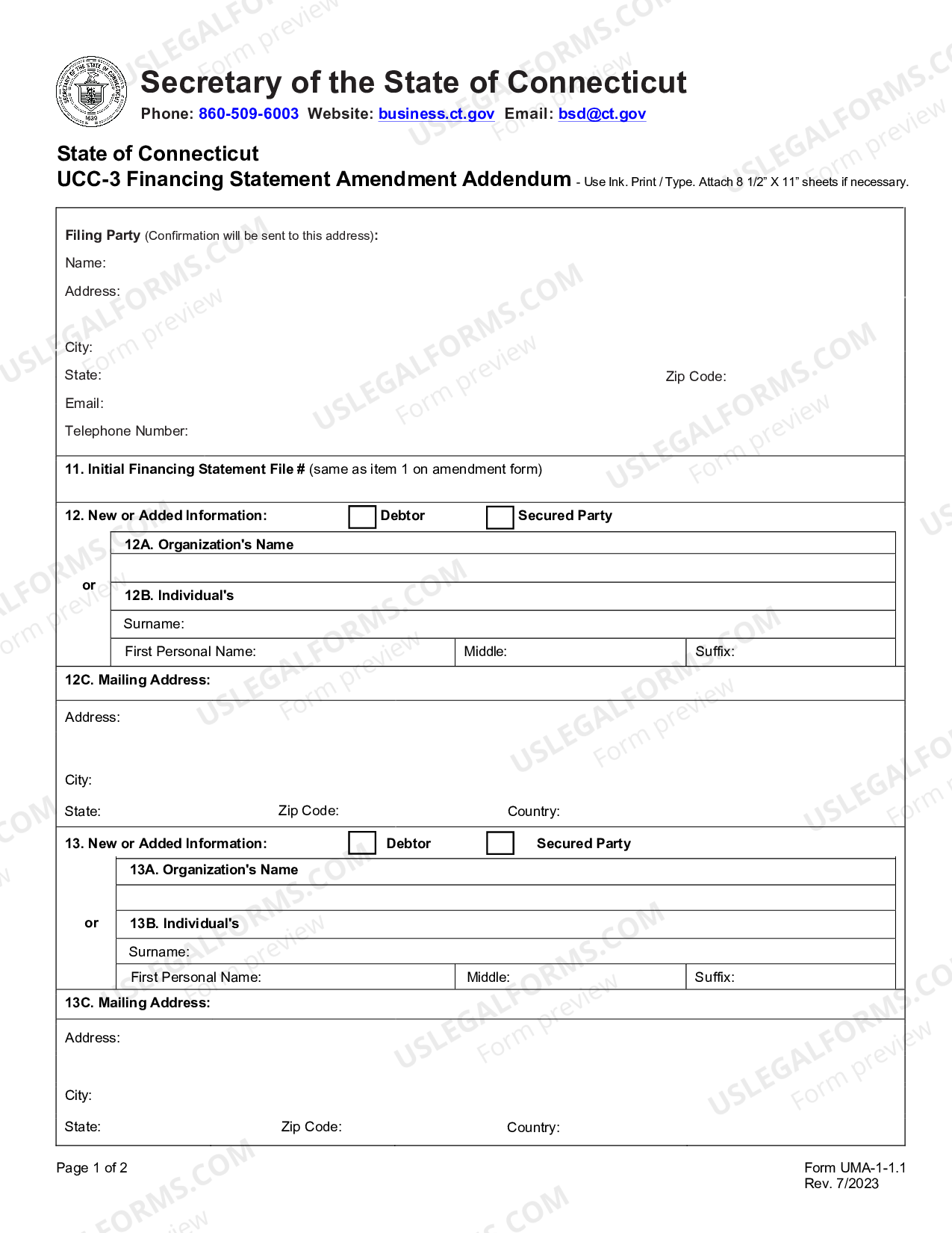 Connecticut UCC3 Financing Statement Amendment Addendum | US Legal Forms