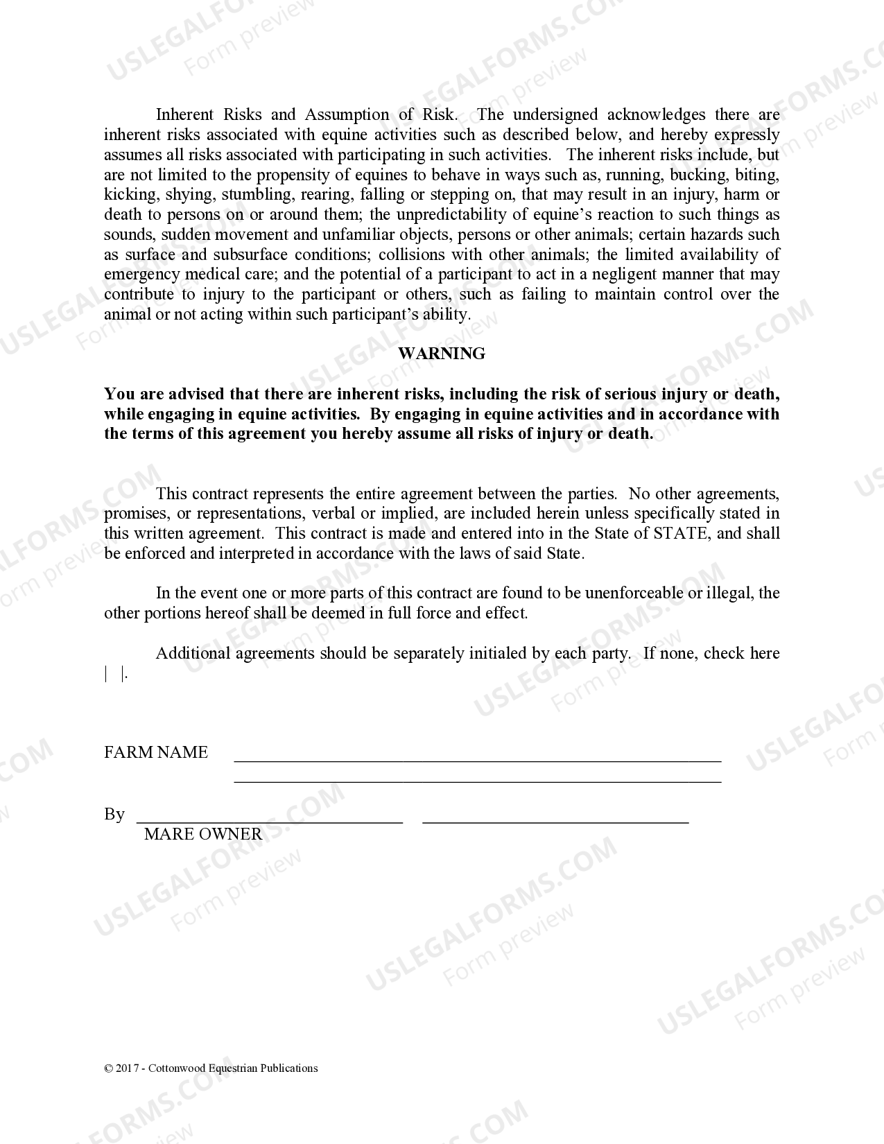 District of Columbia Stallion Service Contract - Horse Equine Forms ...