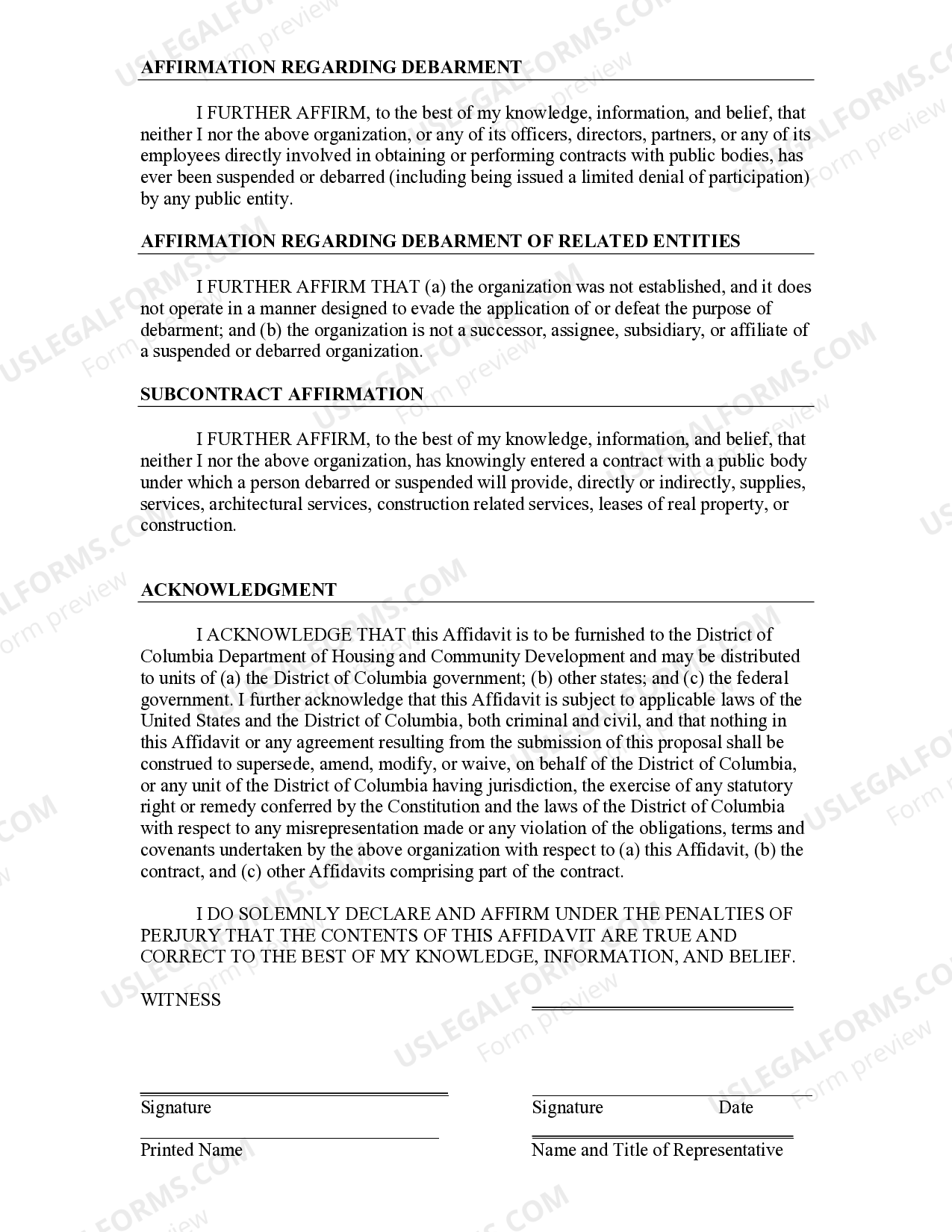 District of Columbia Contract Affidavit | US Legal Forms
