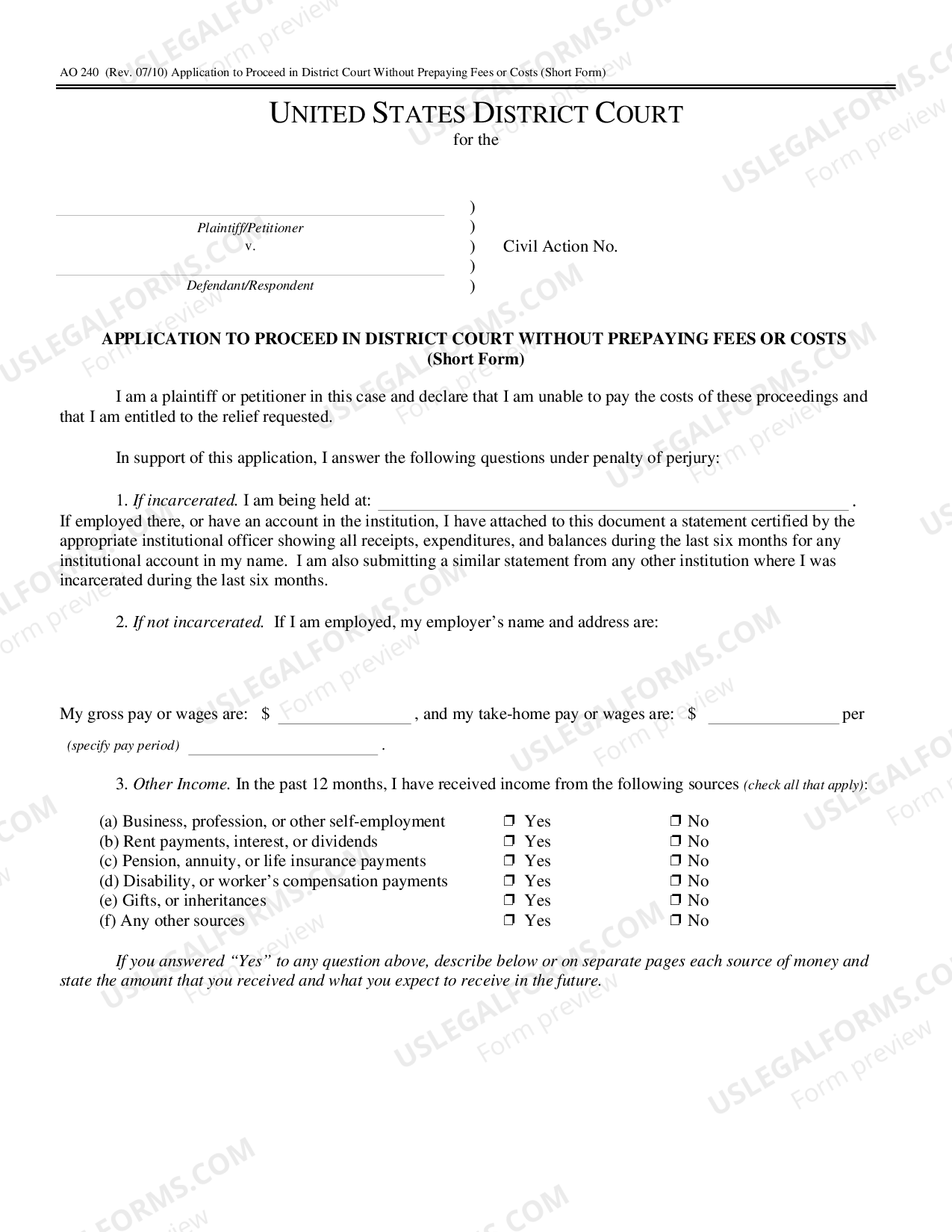 District of Columbia Application to Proceed Without Prepayment of Fees ...
