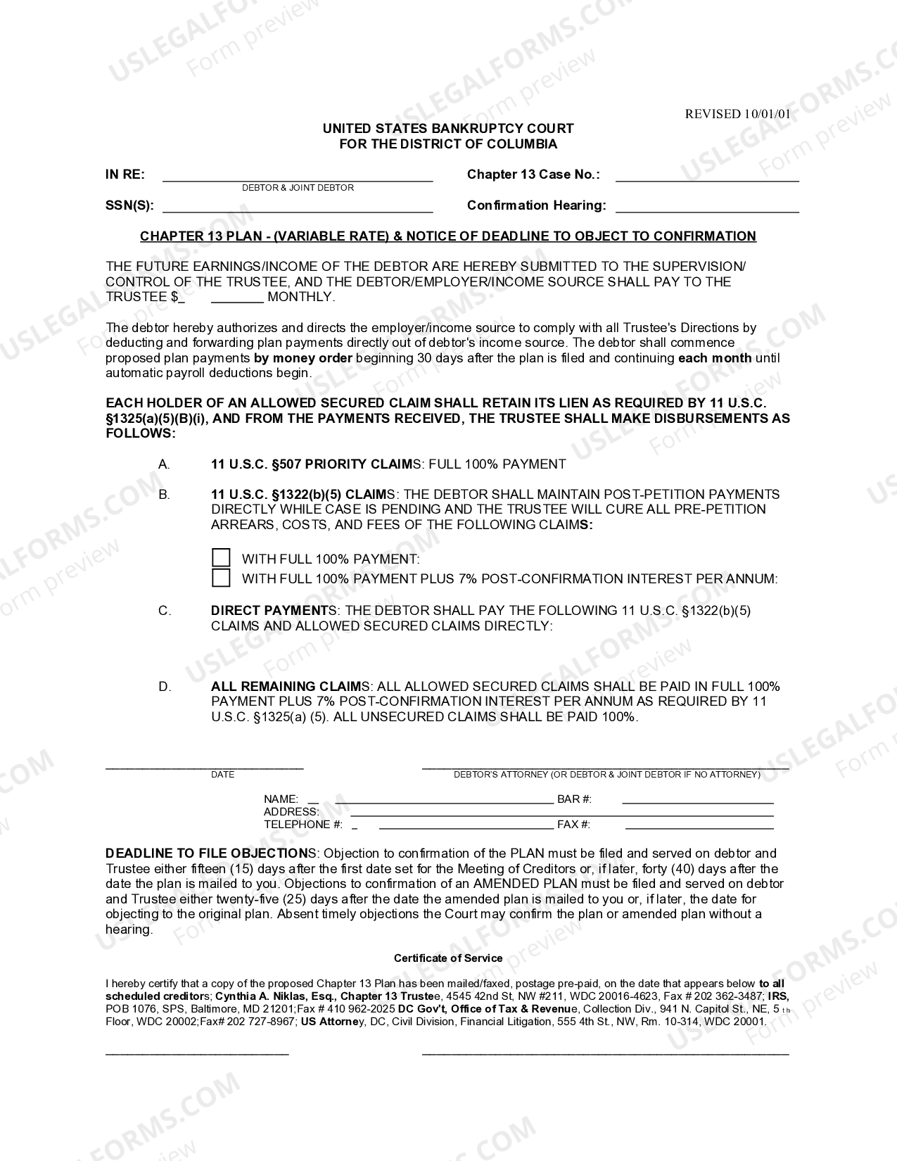 District of Columbia Chapter 13 Plan - 100 percent and Notice of ...