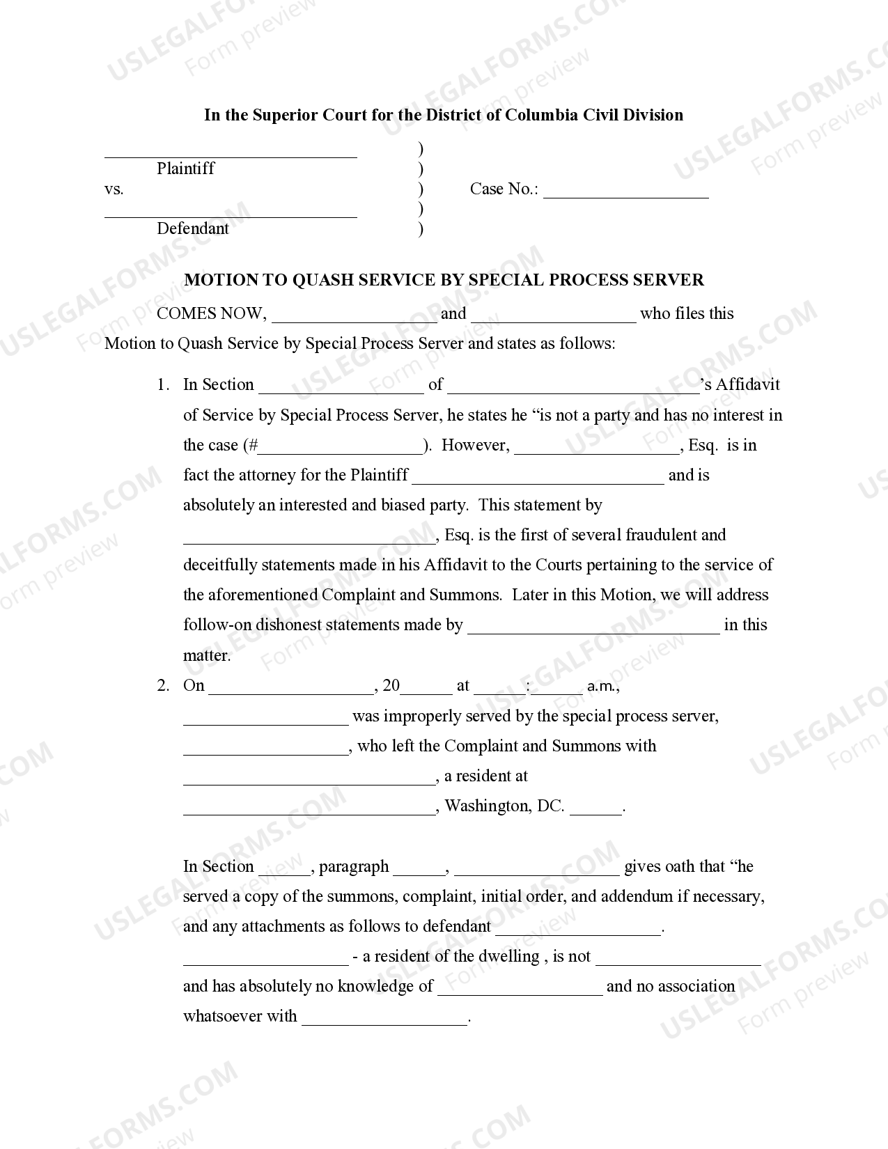 District of Columbia Motion to Quash Service of Process | US Legal Forms