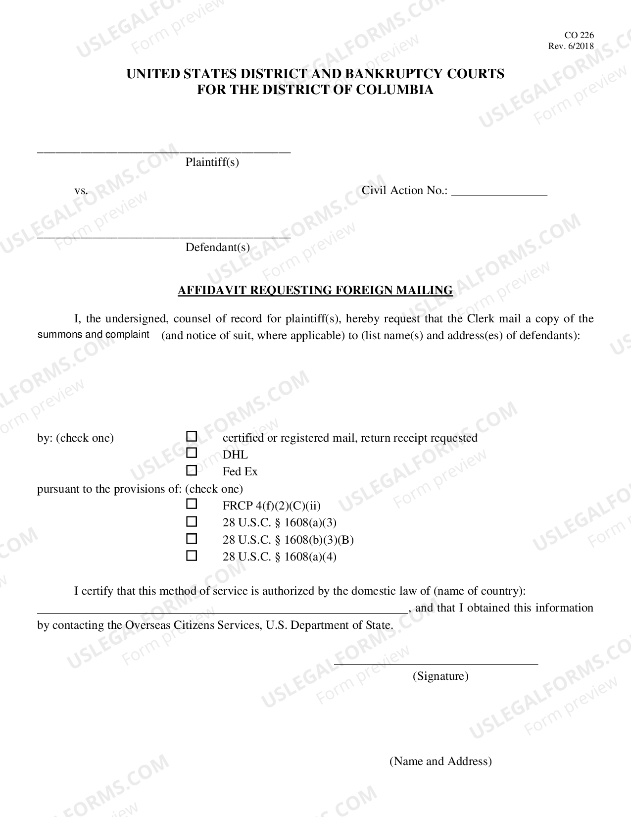 District of Columbia Affidavit Requesting Foreign Mailing | US Legal Forms