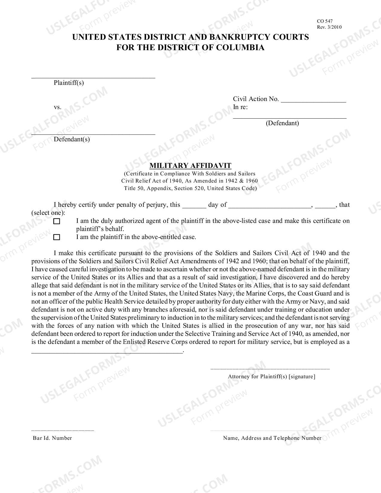 District of Columbia Military Affidavit | US Legal Forms