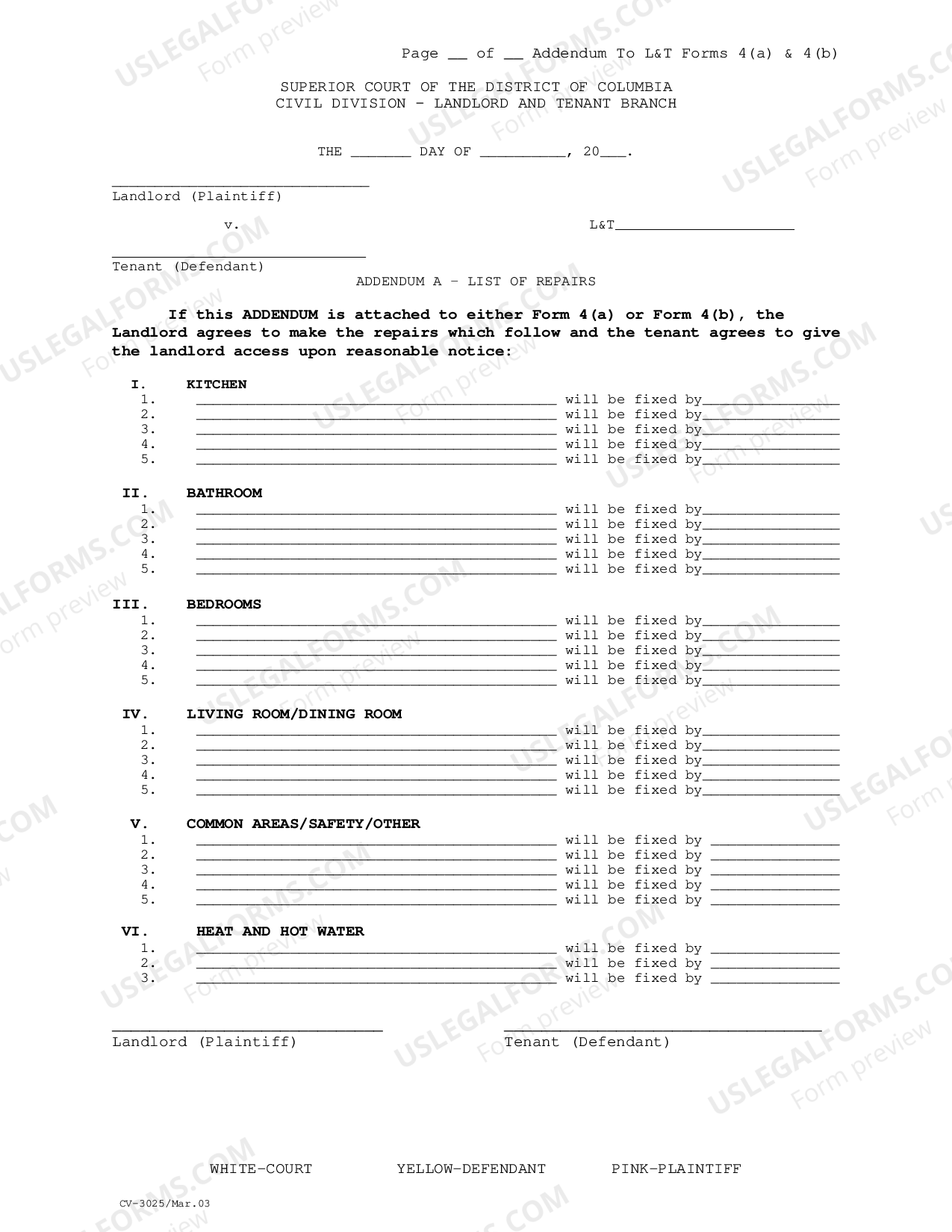 District of Columbia Addendum A - List of Repairs | US Legal Forms