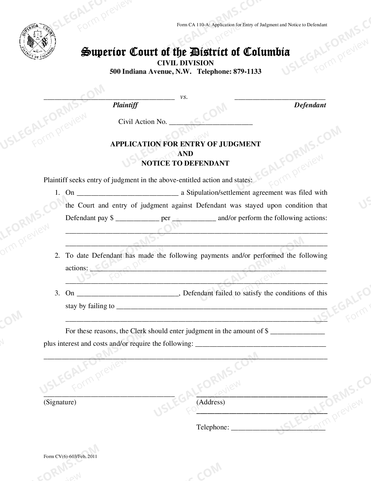 District of Columbia Application for Entry of Judgment And Notice to ...