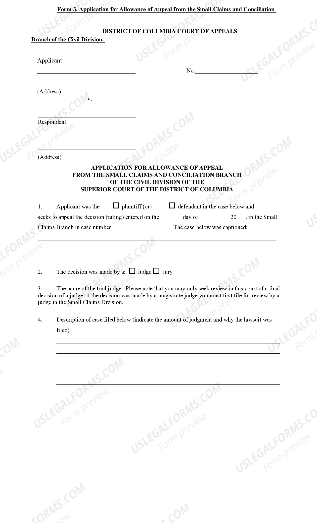 District of Columbia Application for Allowance of Appeal from the Small ...