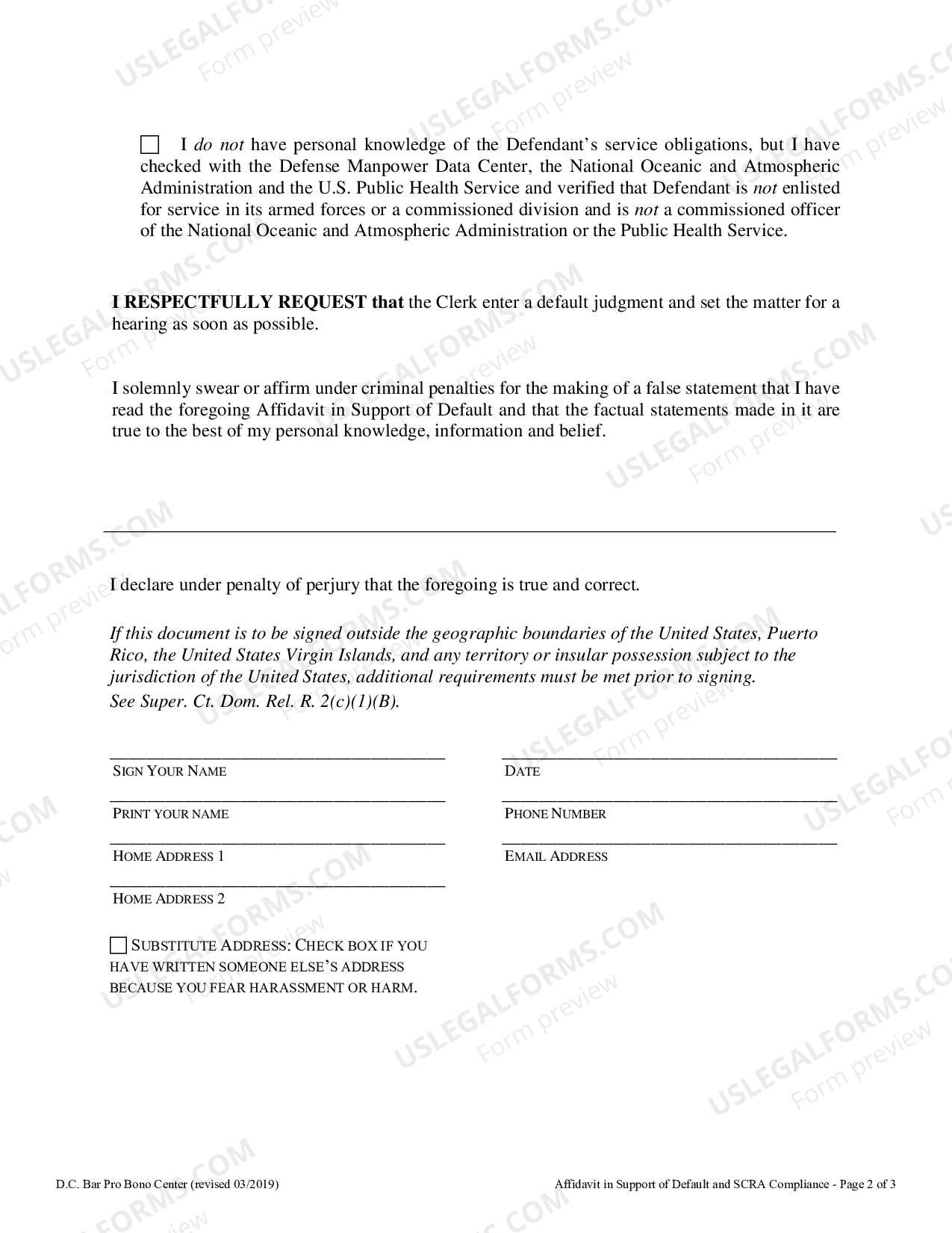 District of Columbia Affidavit in Support of Default | US Legal Forms