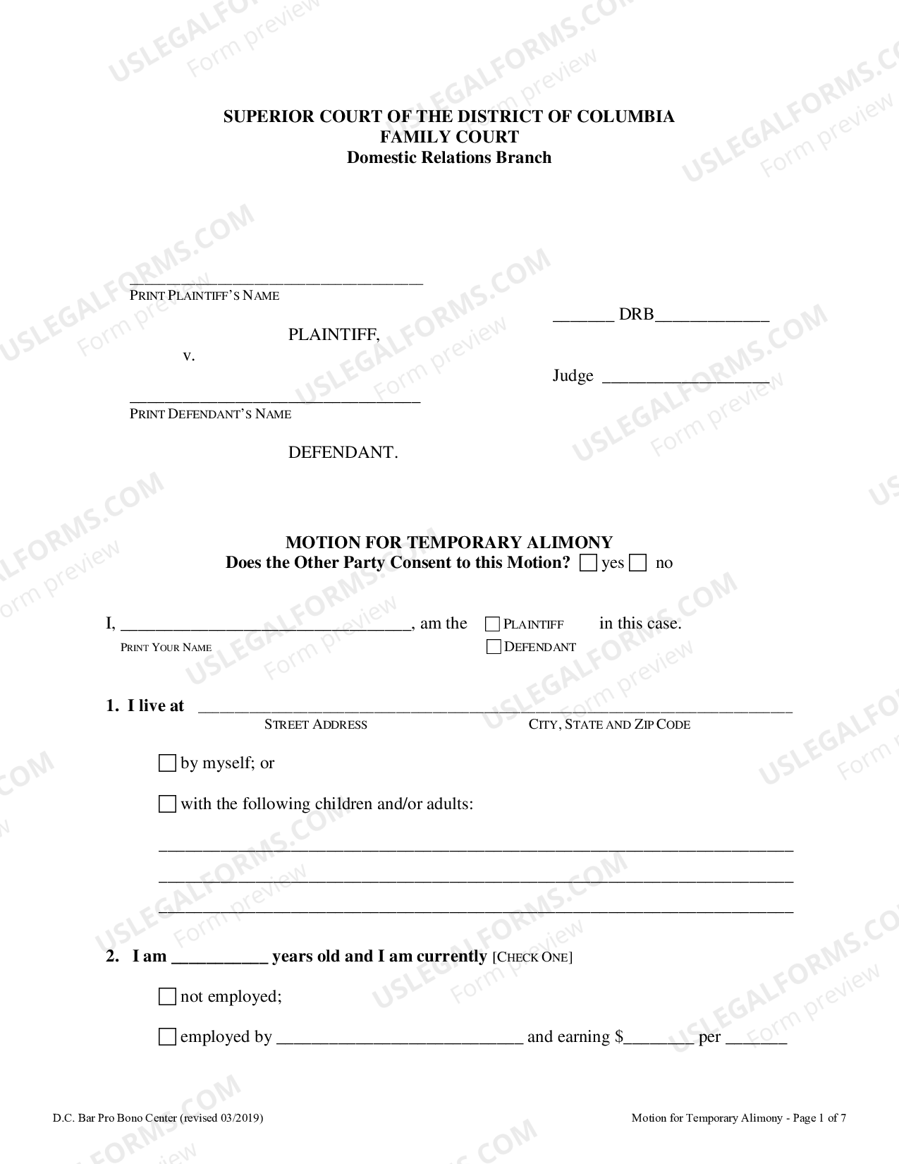 District of Columbia Motion for Temporary Alimony | US Legal Forms