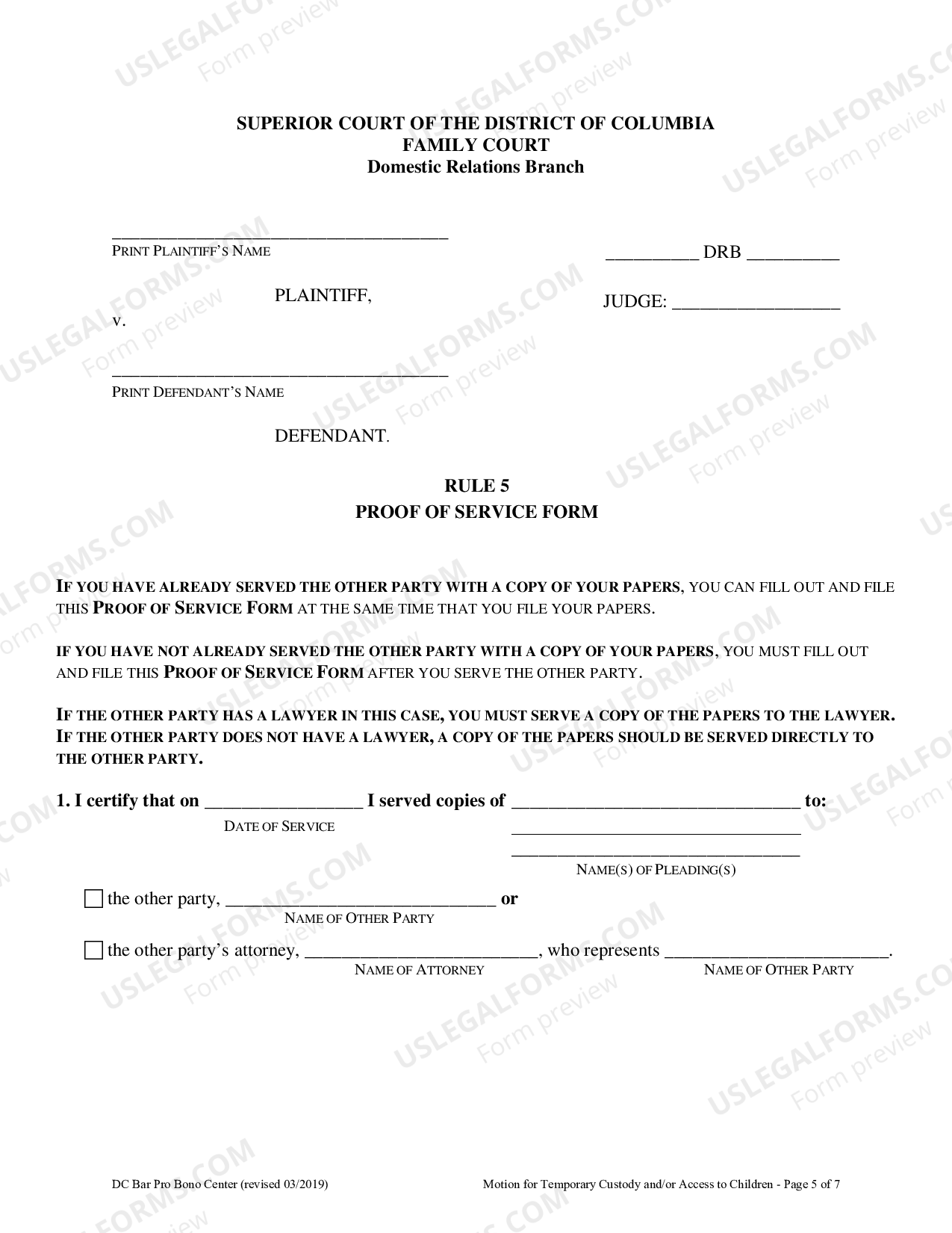 District of Columbia Motion for Temporary Custody and or Access to ...