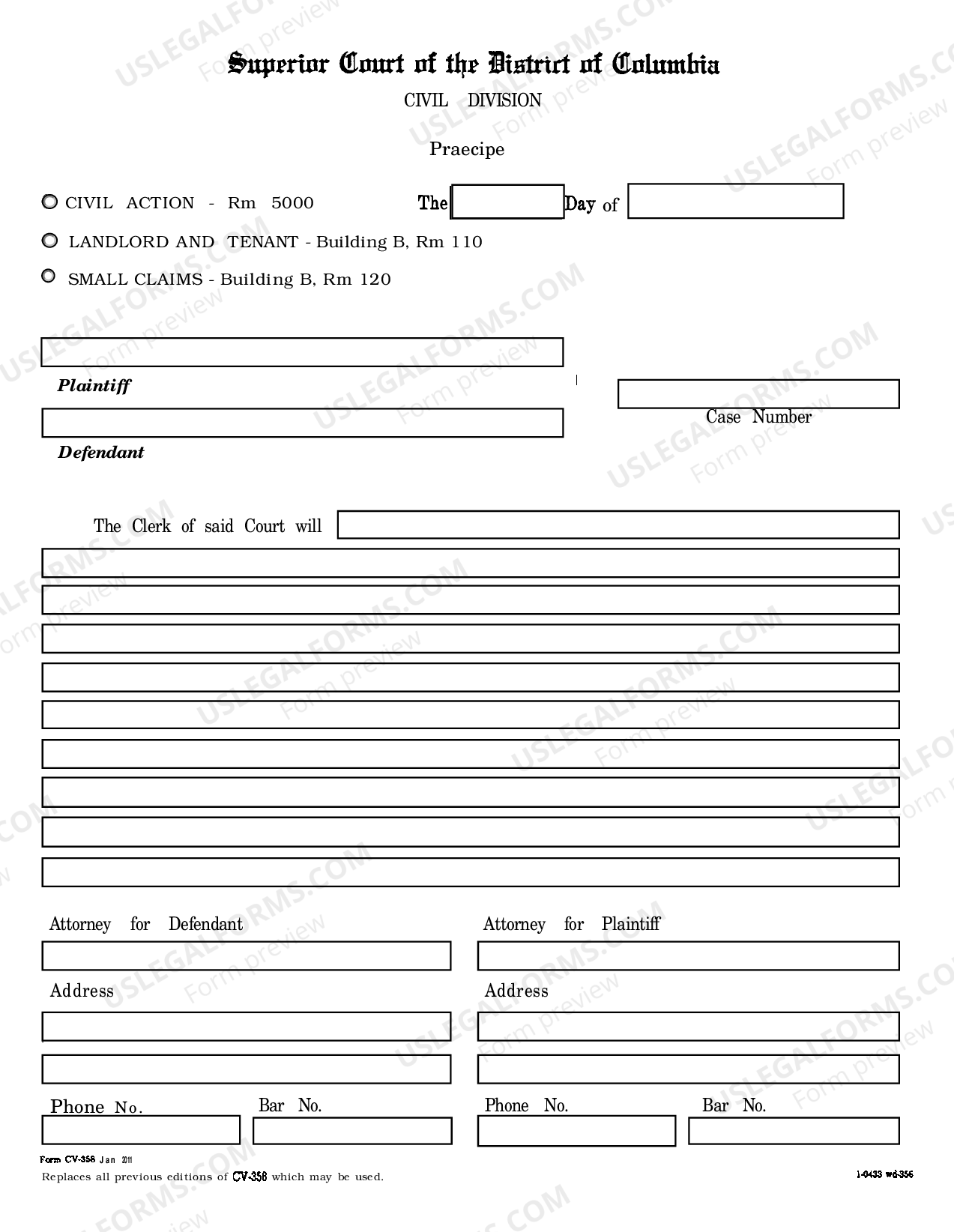 District of Columbia Praecipe for Use in Civil Court Case | US Legal Forms