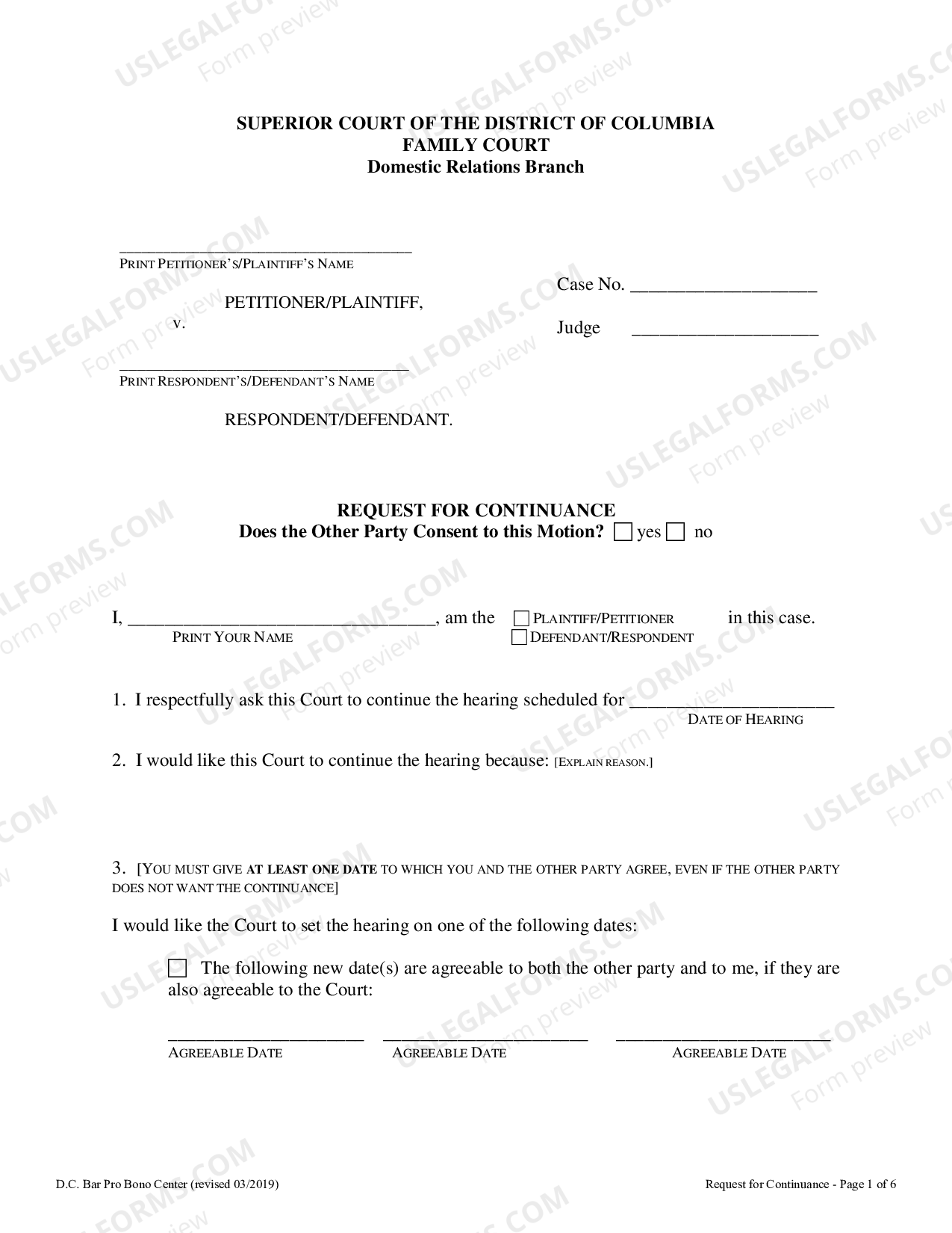 District of Columbia Request for Continuance | US Legal Forms
