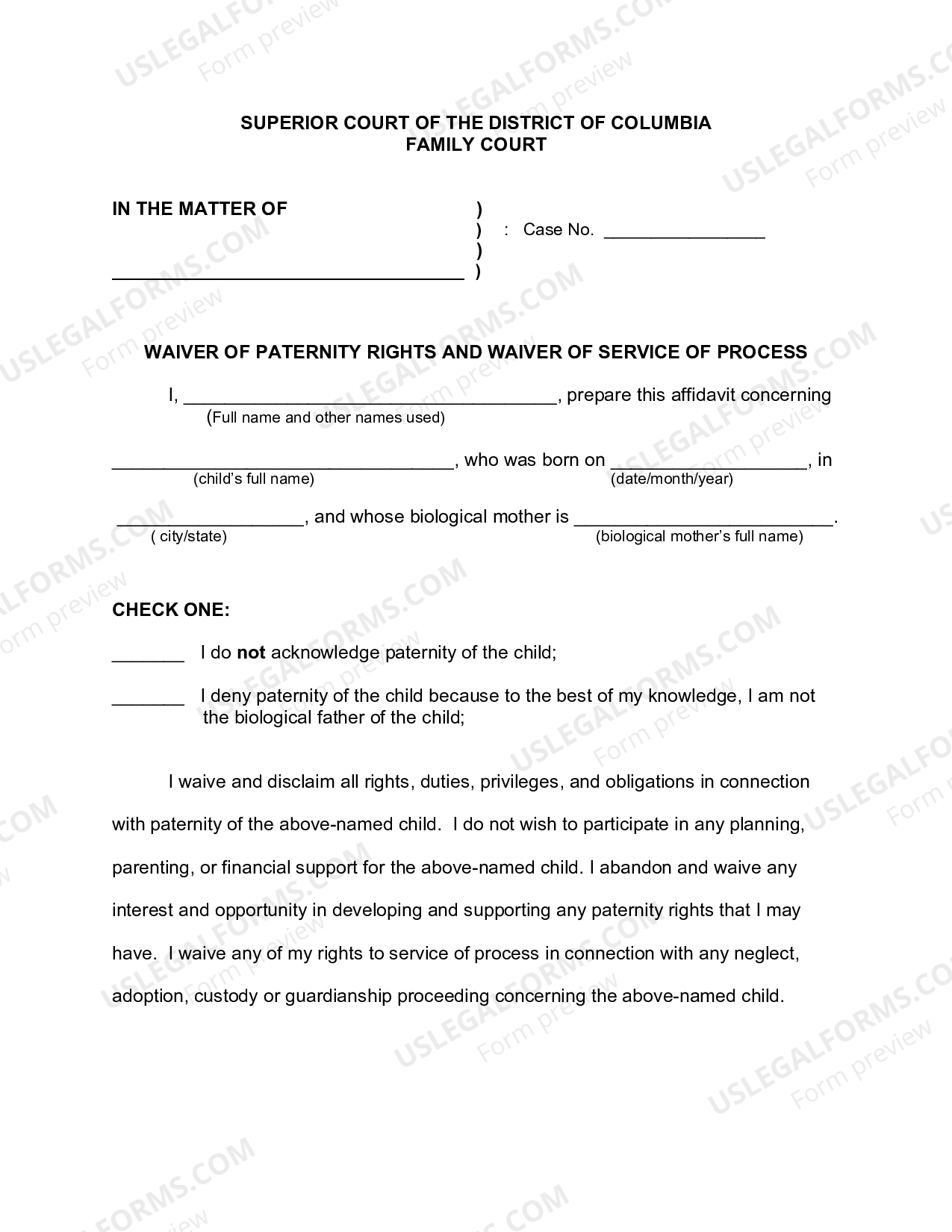 District of Columbia Waiver of Paternity and Waiver of Service of ...