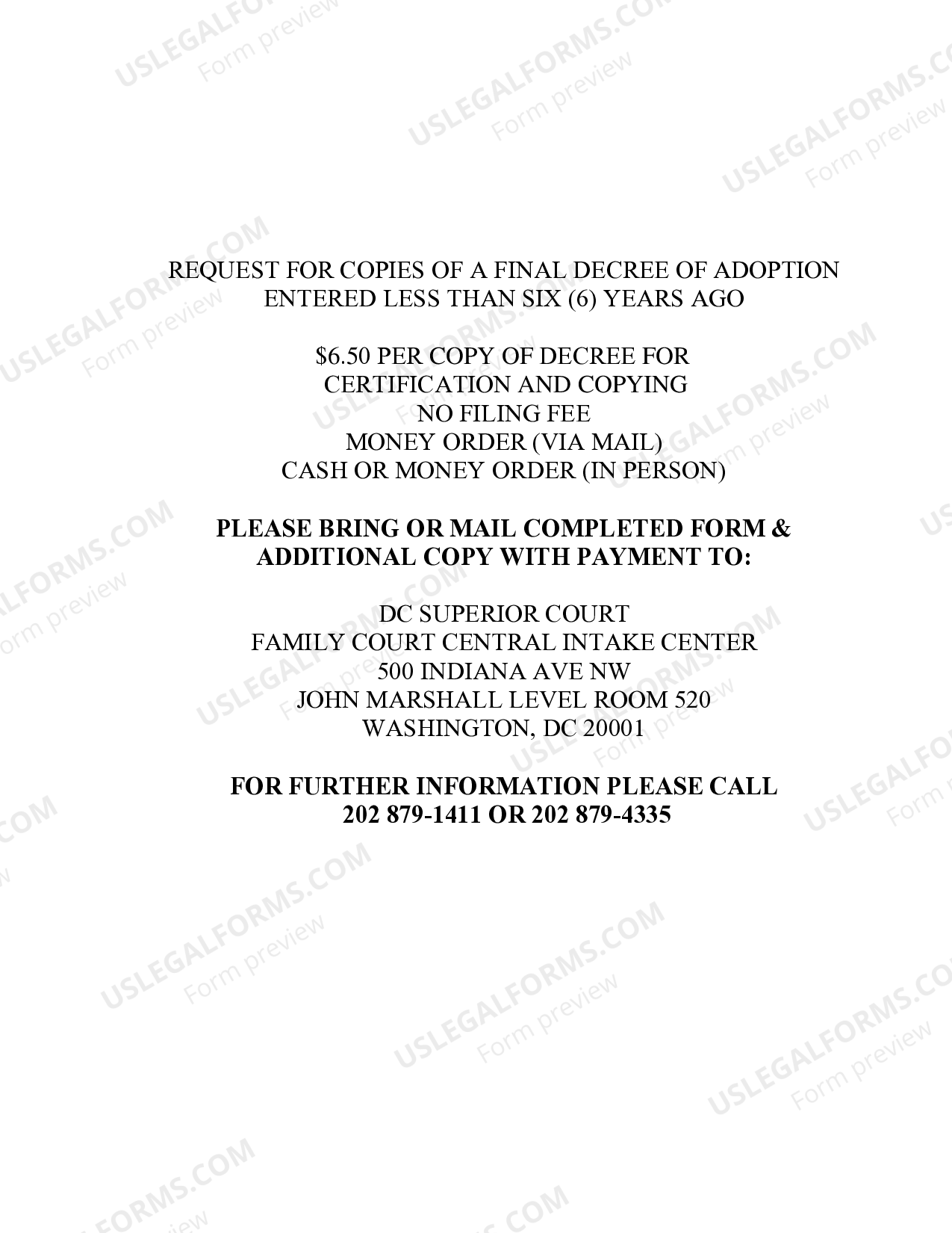 District of Columbia Request for a Copy of the Final Decree of Adoption ...
