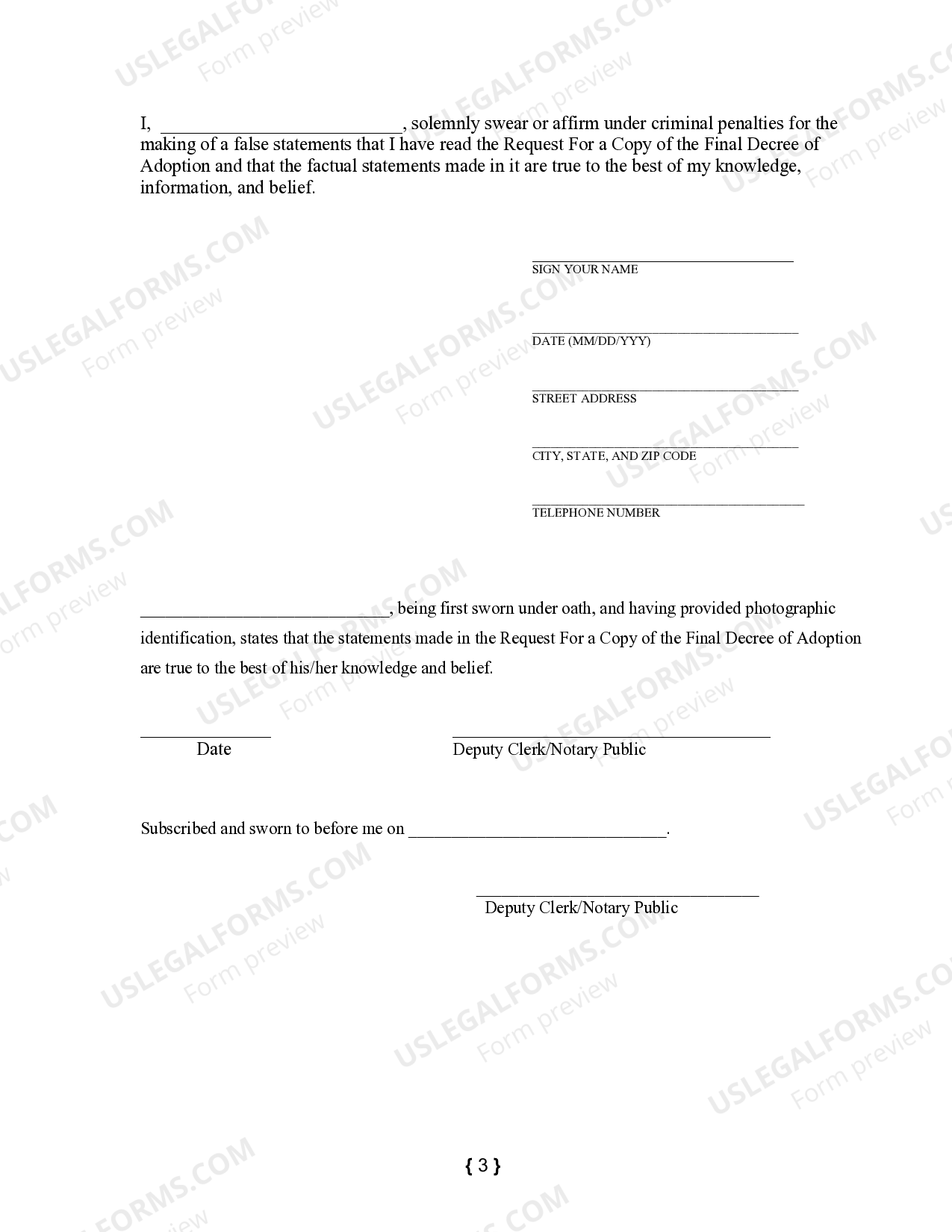 District of Columbia Request for a Copy of the Final Decree of Adoption ...