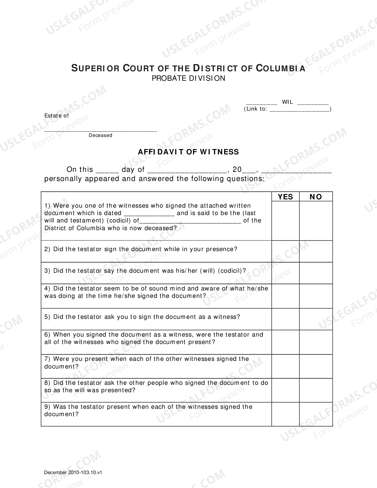 District of Columbia Affidavit of Witness - Legal | US Legal Forms