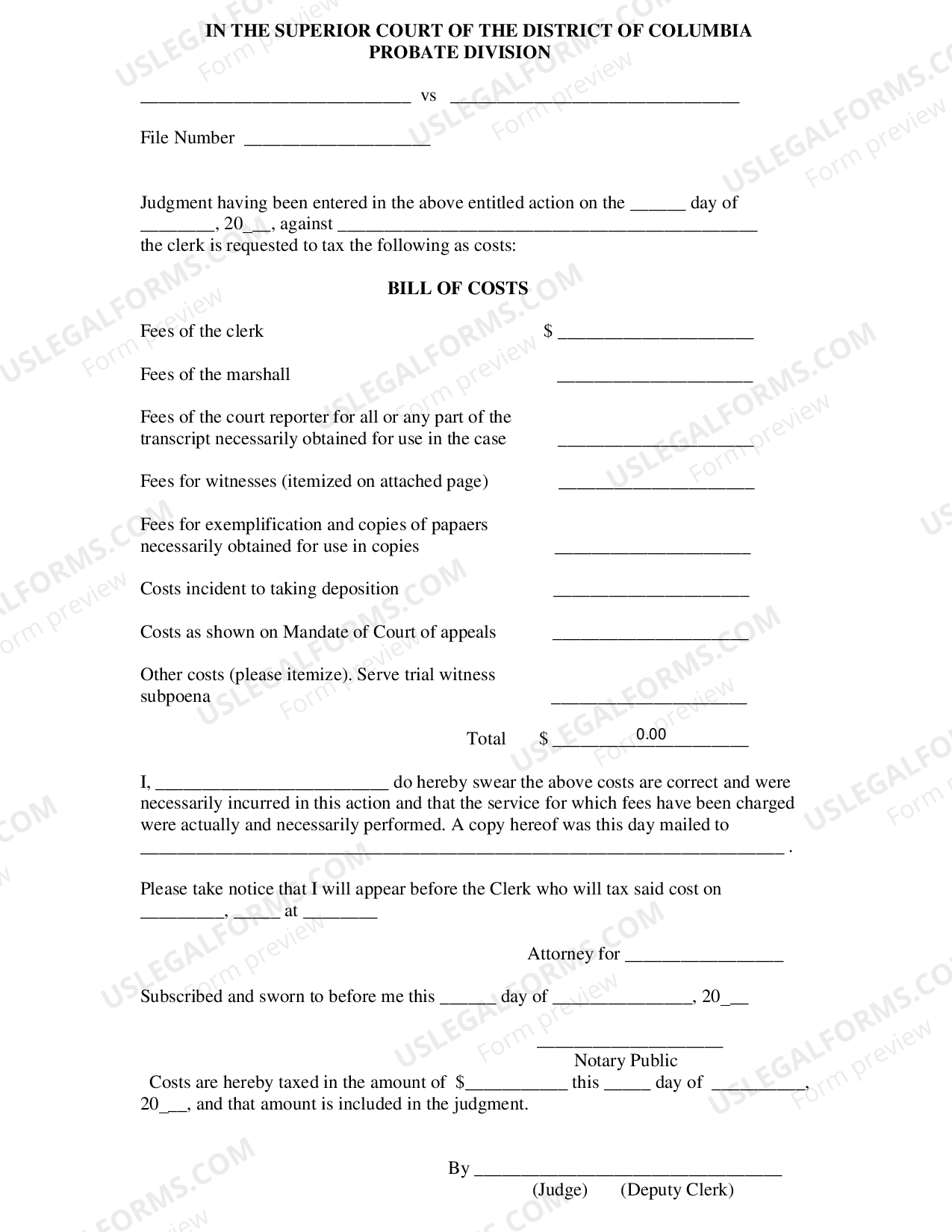 District of Columbia Bill of Costs | US Legal Forms
