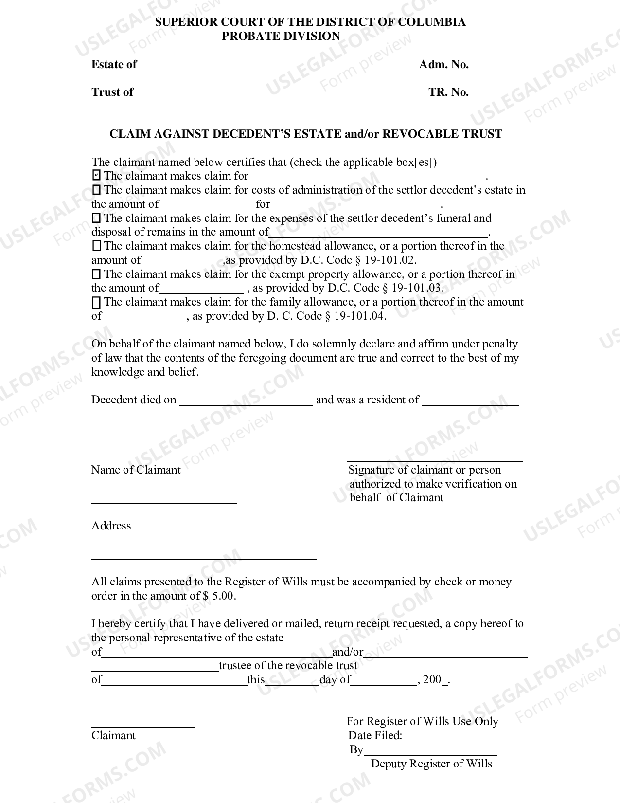 District of Columbia Claim Against Decedent's Estate and or Revocable ...