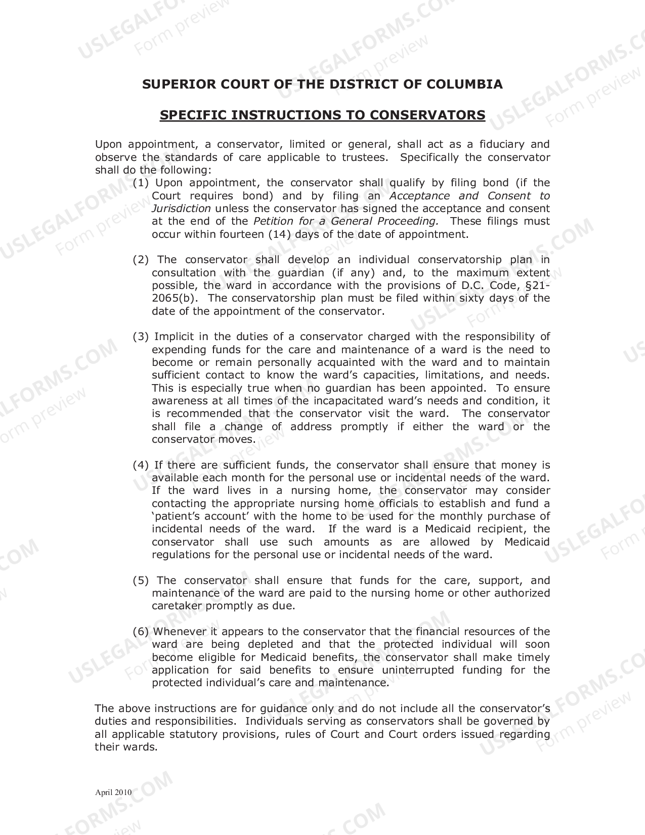 District of Columbia Conservatorship Information Sheet | US Legal Forms