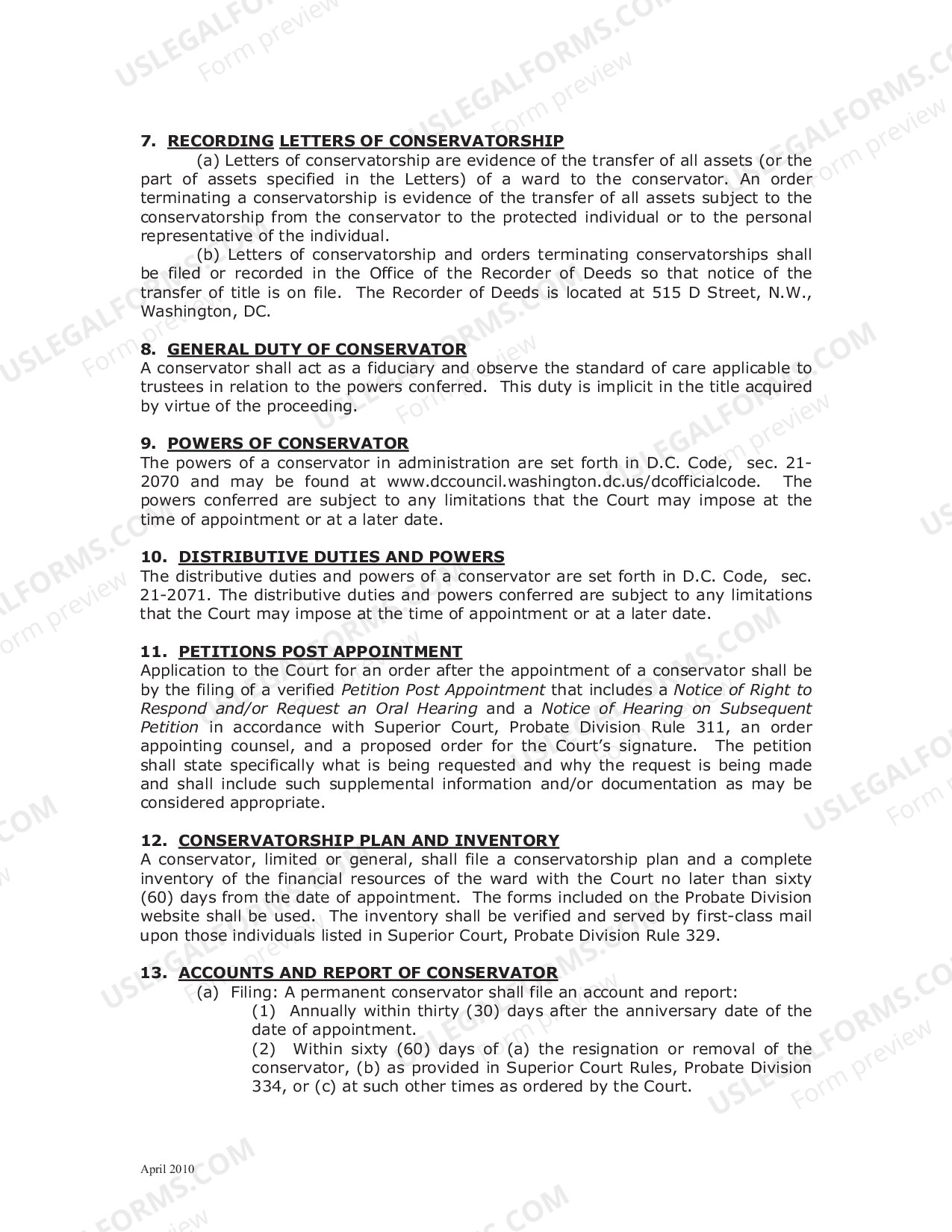 District of Columbia Conservatorship Information Sheet | US Legal Forms