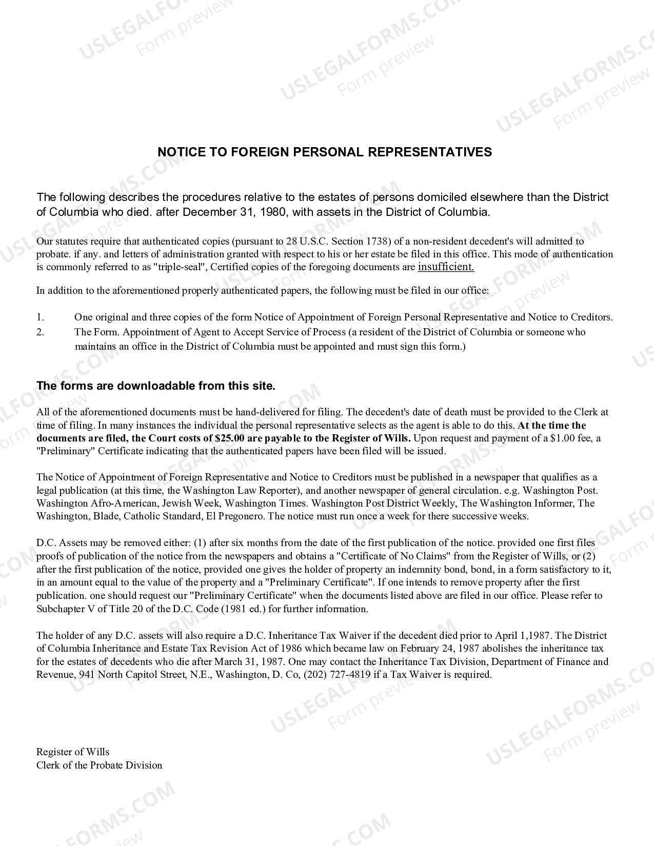 District of Columbia Notice of Foreign Personal Representatives | US ...