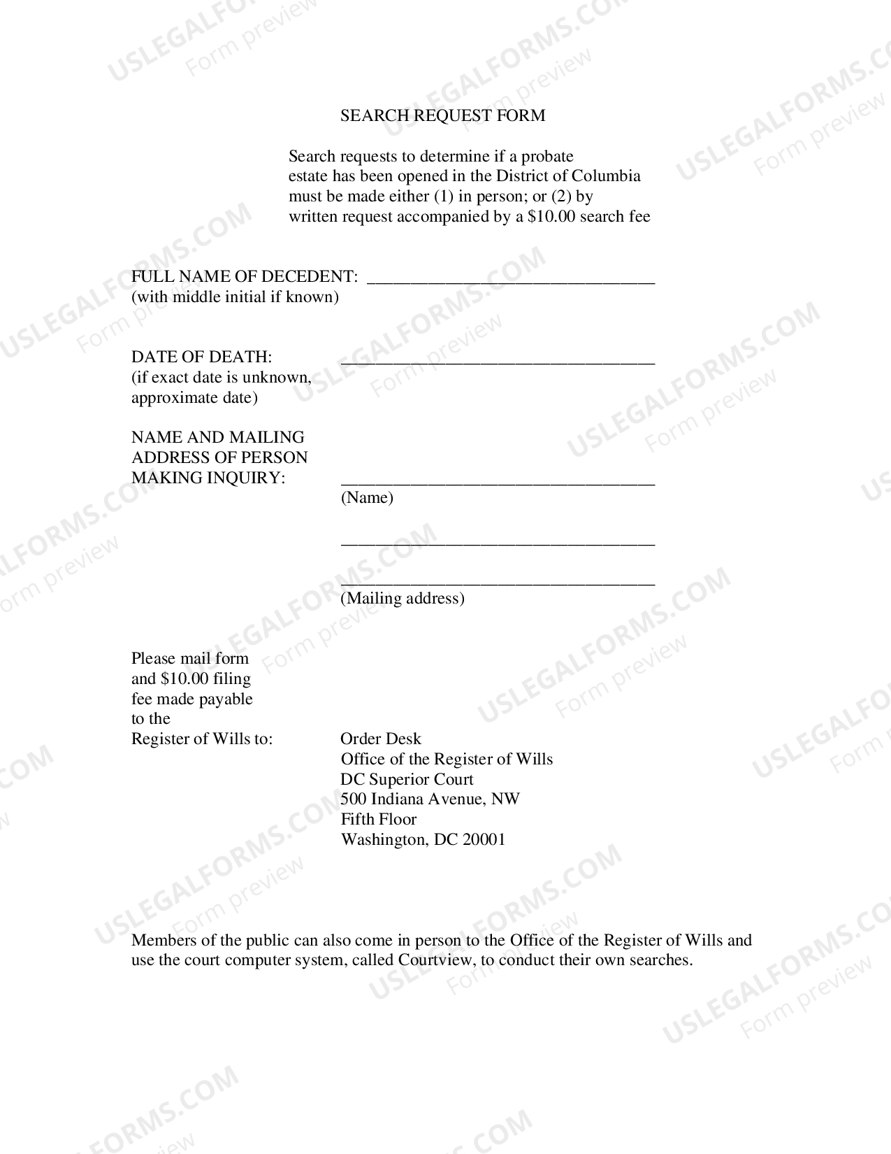 District of Columbia Search Request Form | US Legal Forms