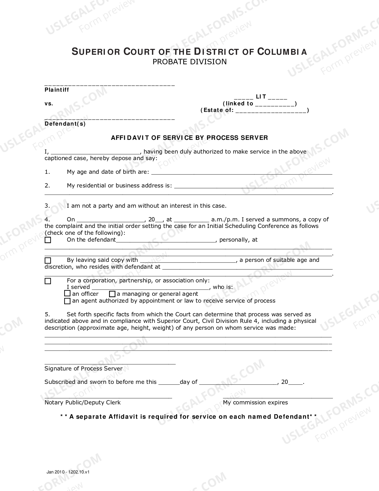 District of Columbia Affidavit of Service by Process Server | US Legal ...