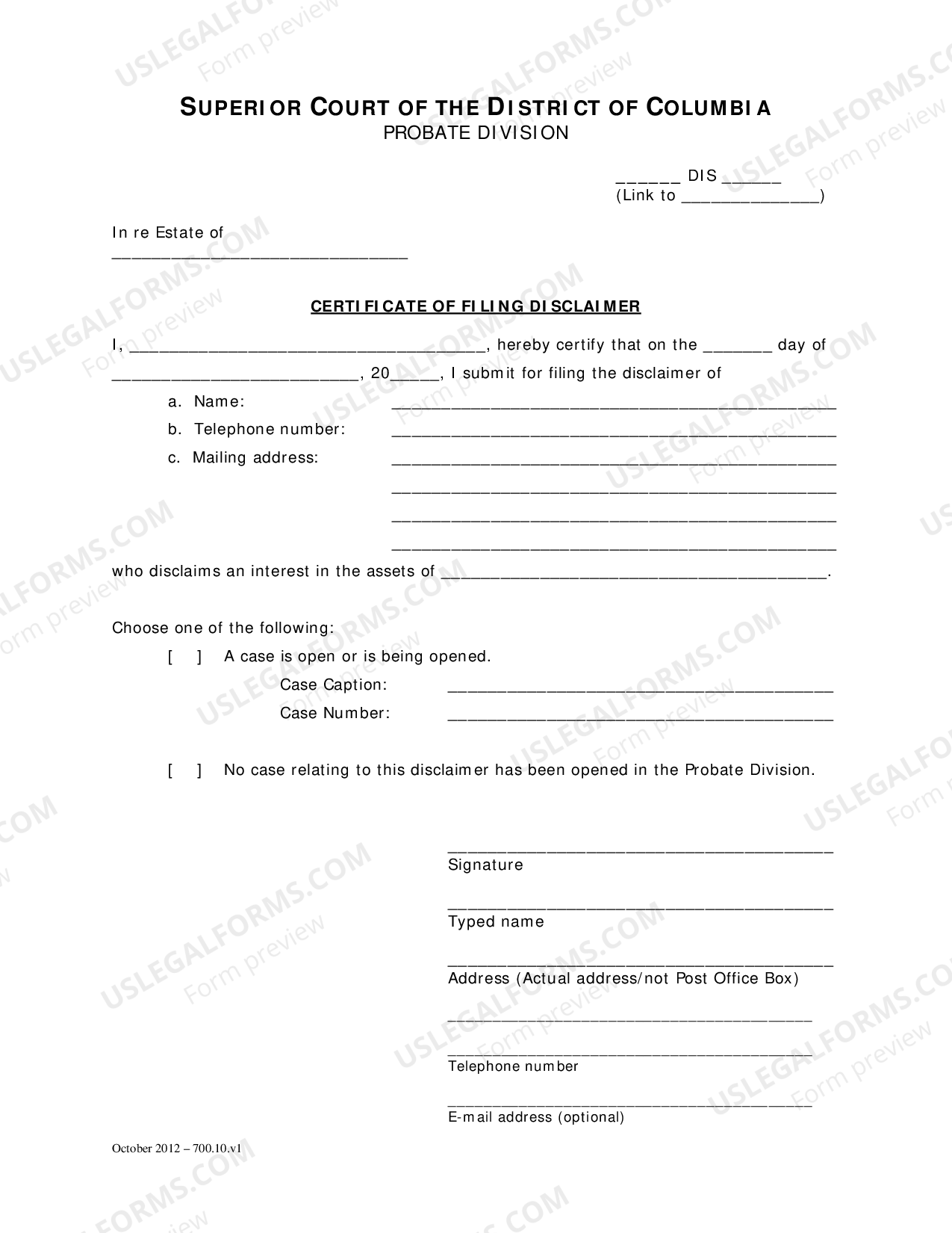 District of Columbia Certificate of Filing Disclaimer | US Legal Forms