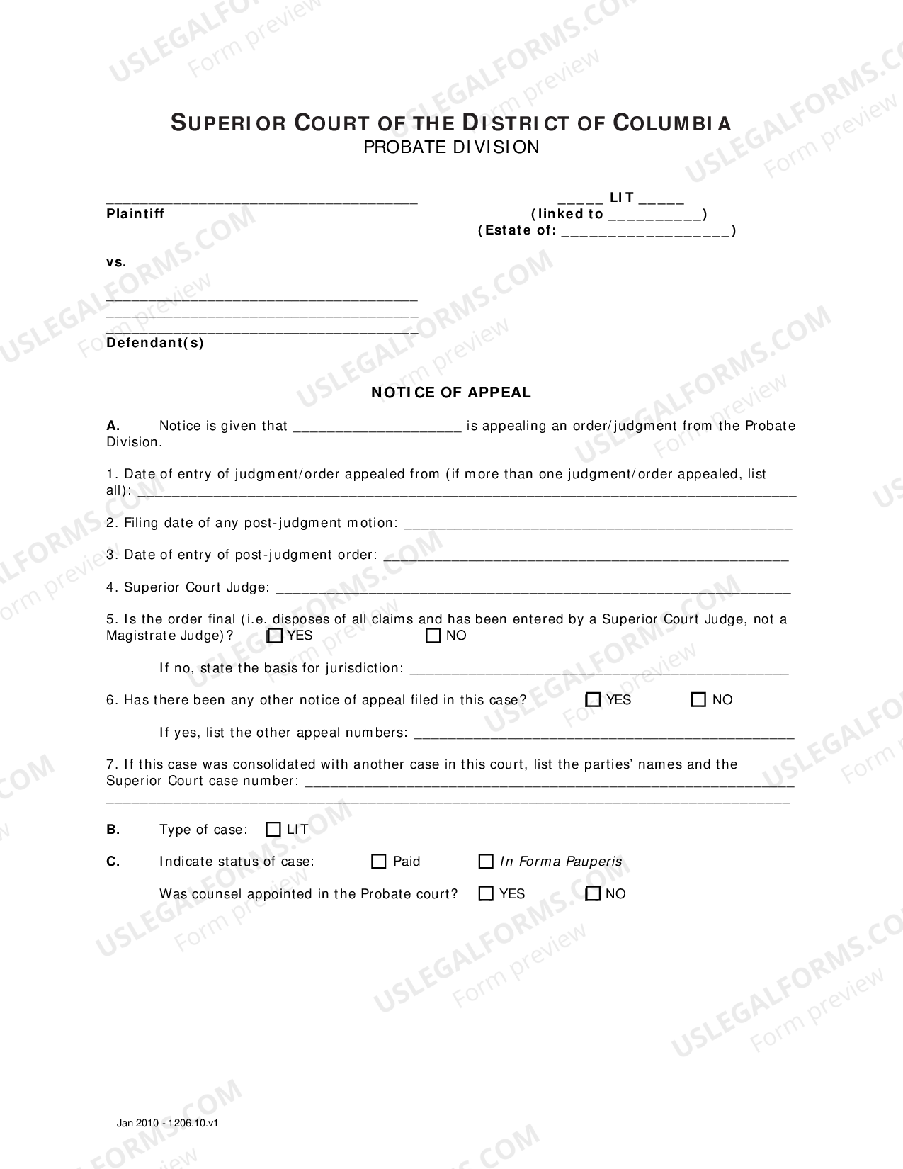 District of Columbia Notice of Appeal | US Legal Forms