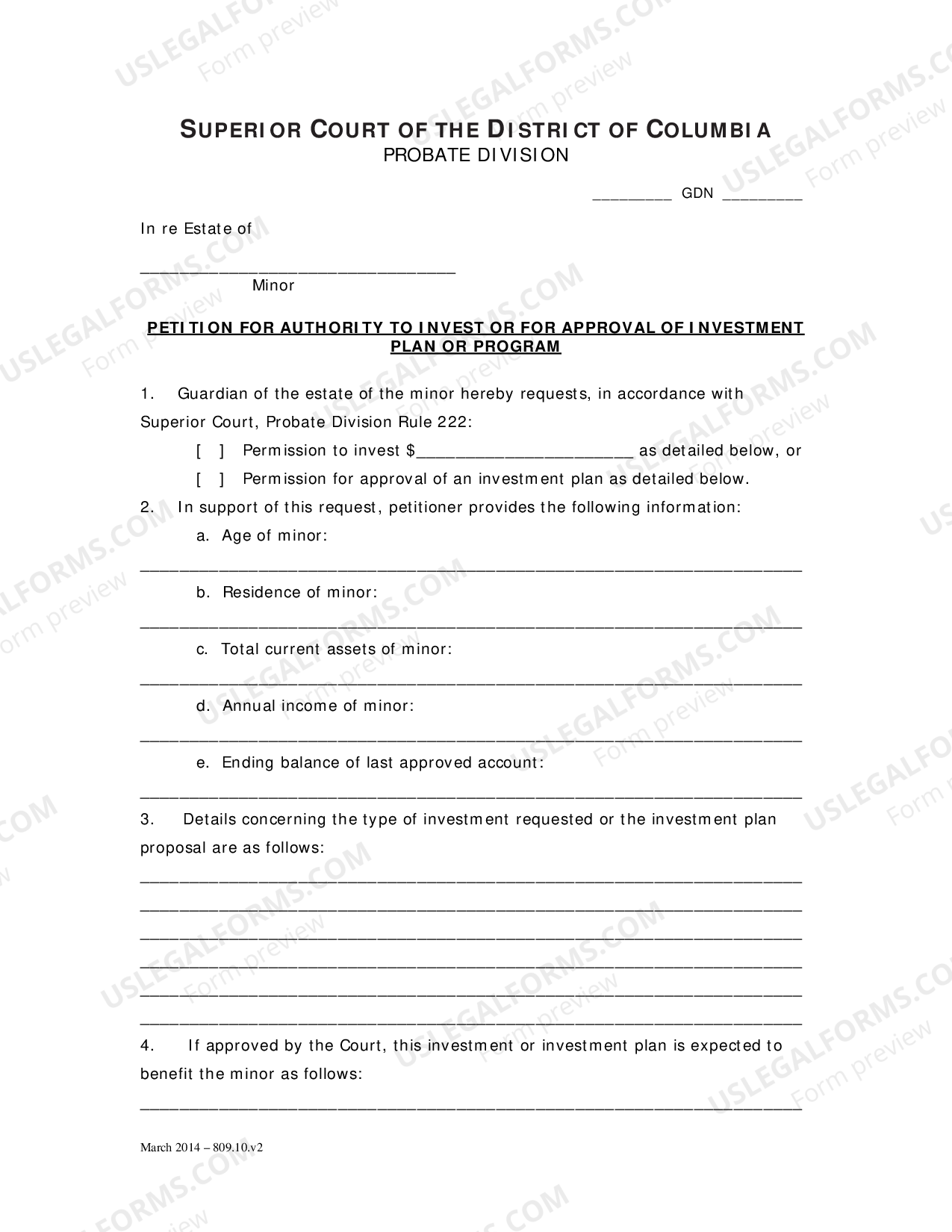 District of Columbia Petition for Authority to Invest or for Approval ...