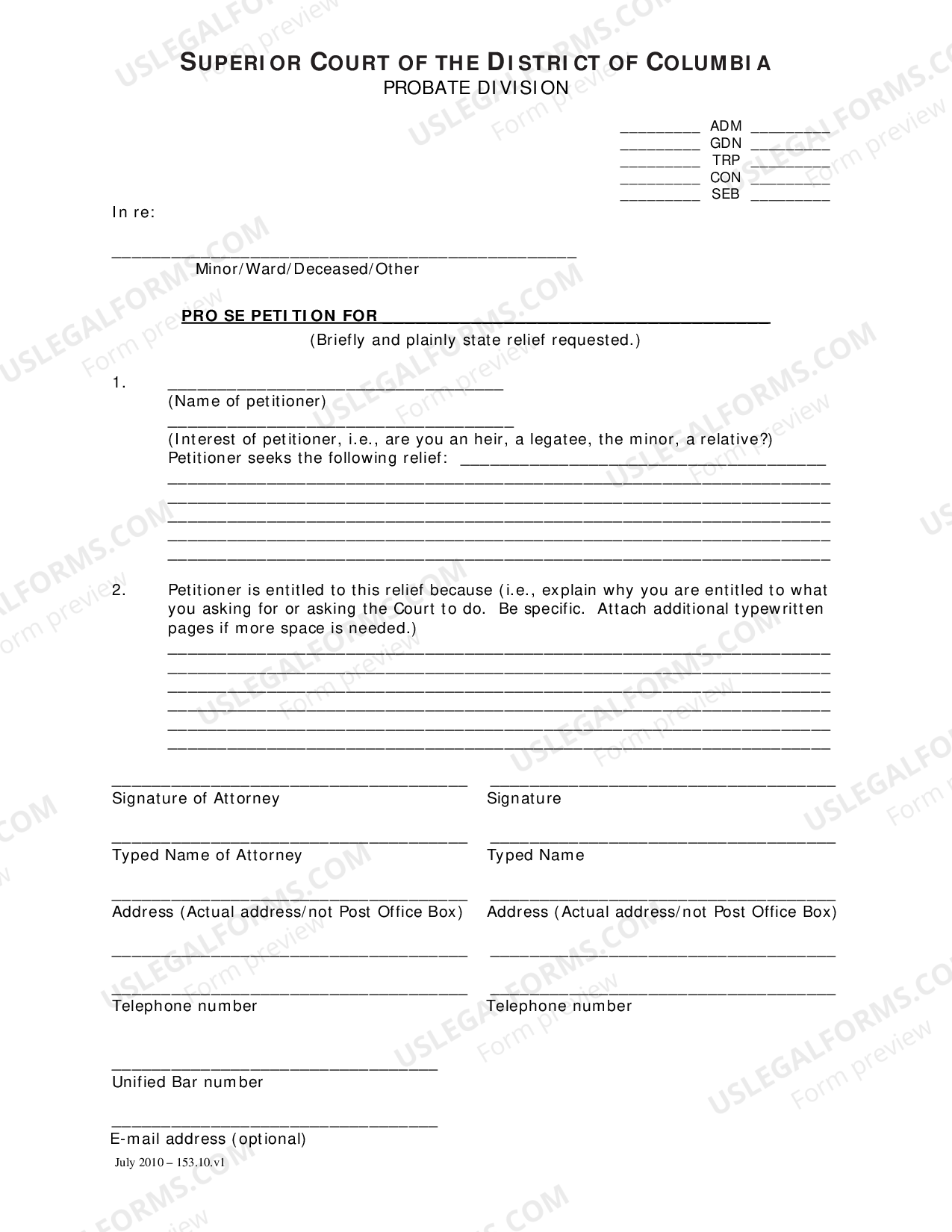 District of Columbia Pro Se Petition | US Legal Forms