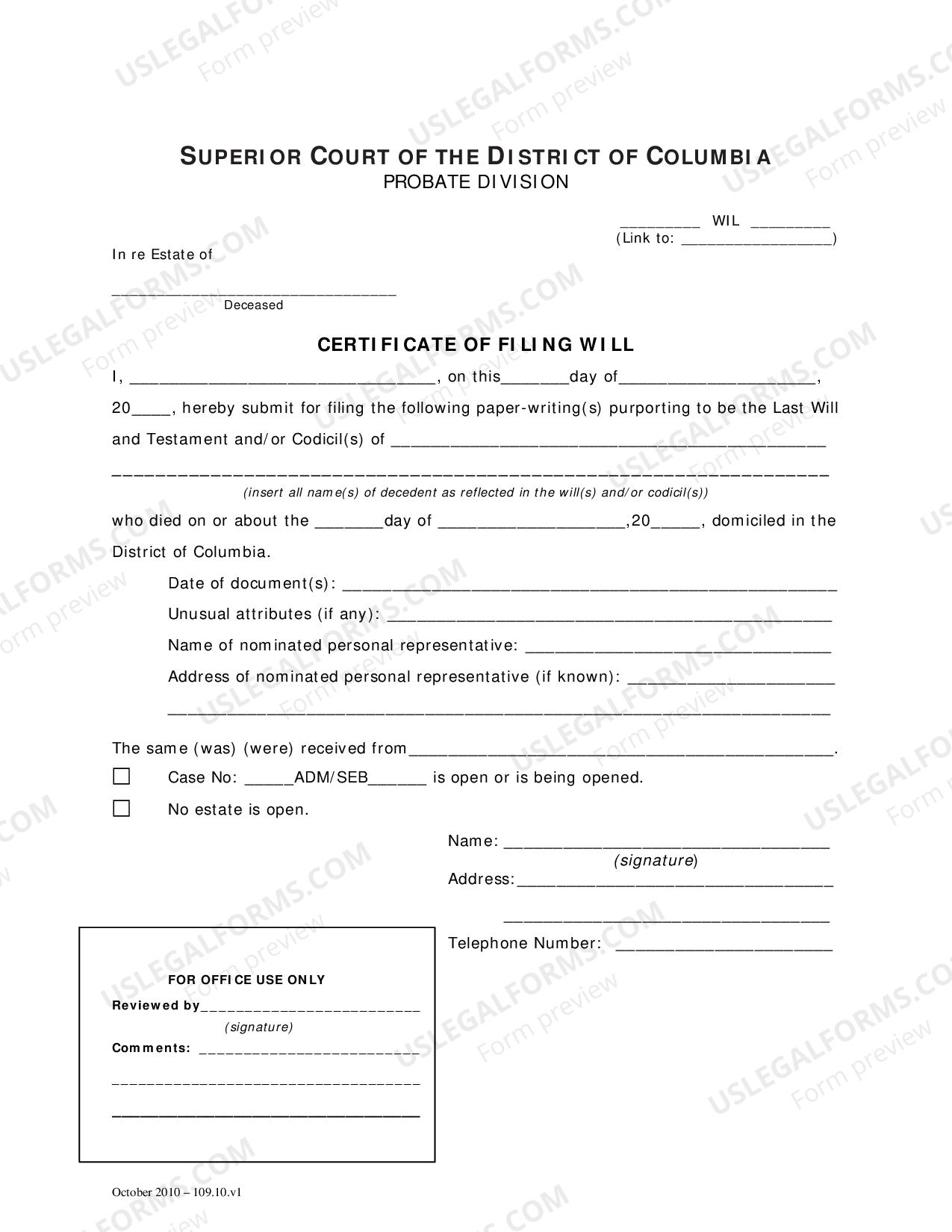 District of Columbia Certificate of Filing Will - Legal | US Legal Forms
