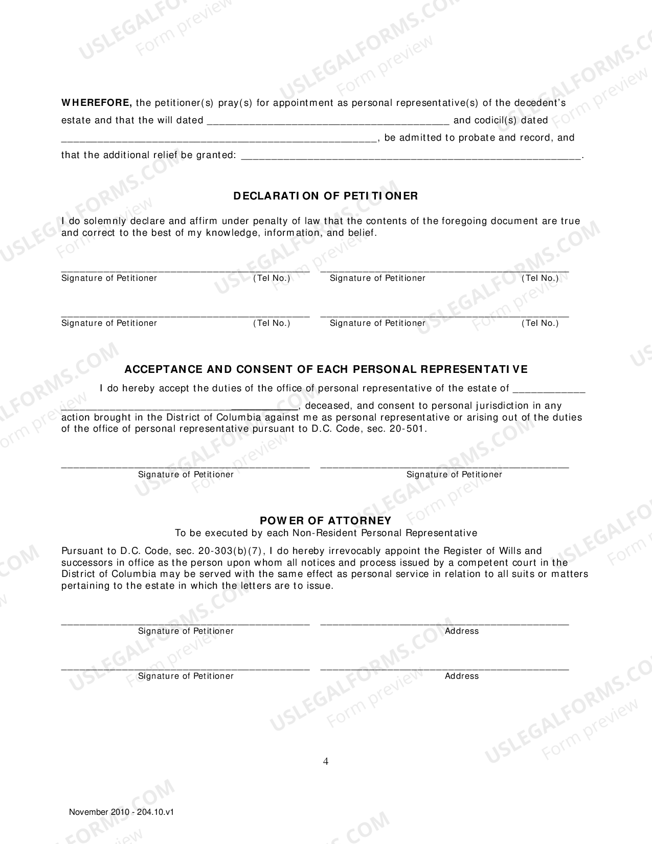 District of Columbia Petition for Administration of Small Estates | US ...