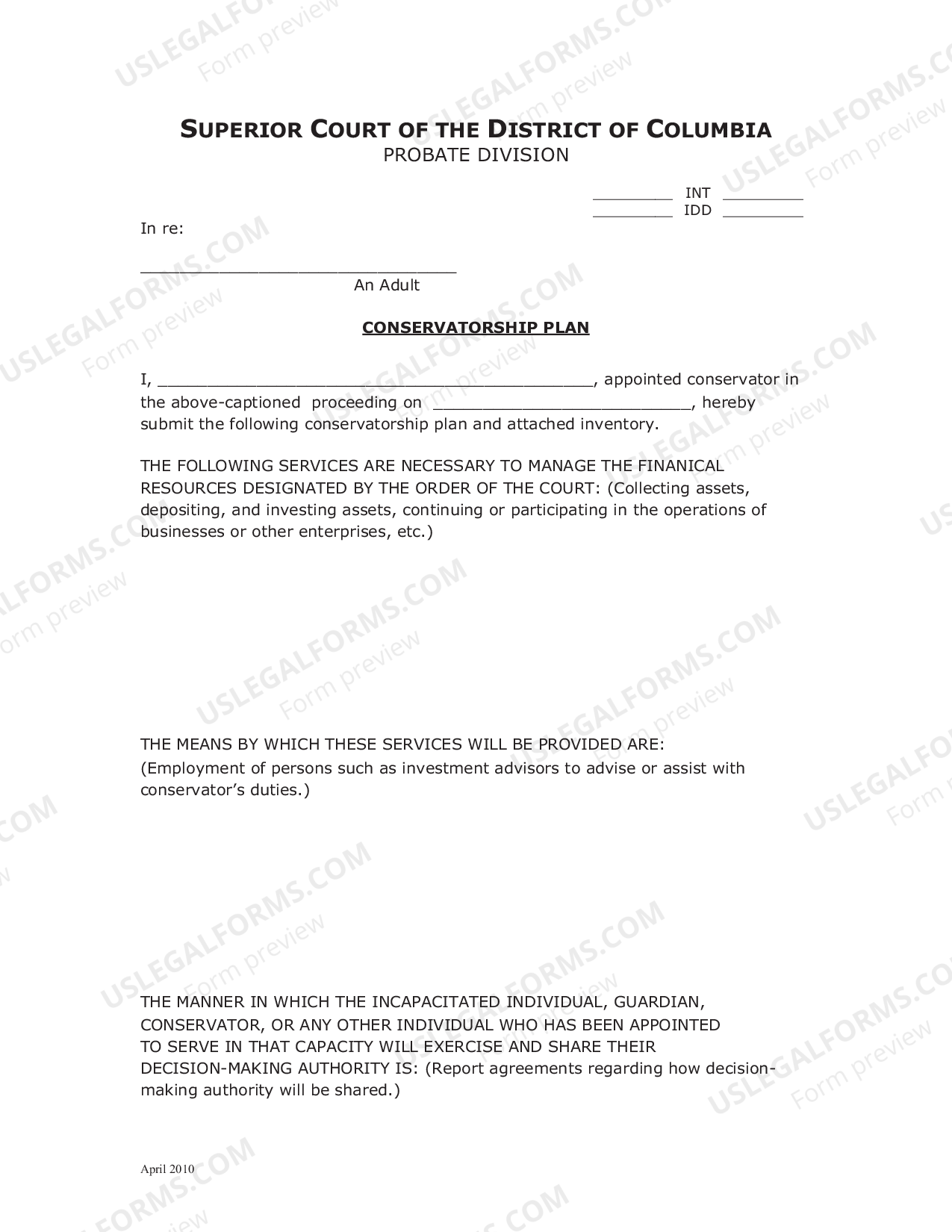 District of Columbia Conservatorship Plan | US Legal Forms