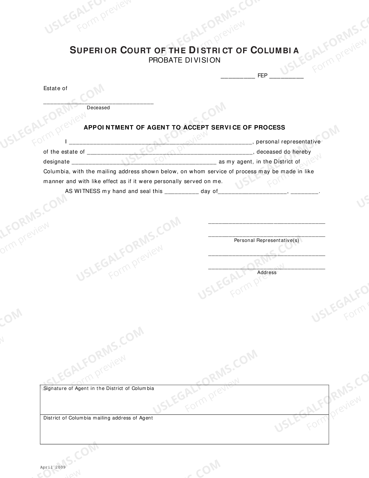 District of Columbia Appointment of Agent to Accept Service of Process ...