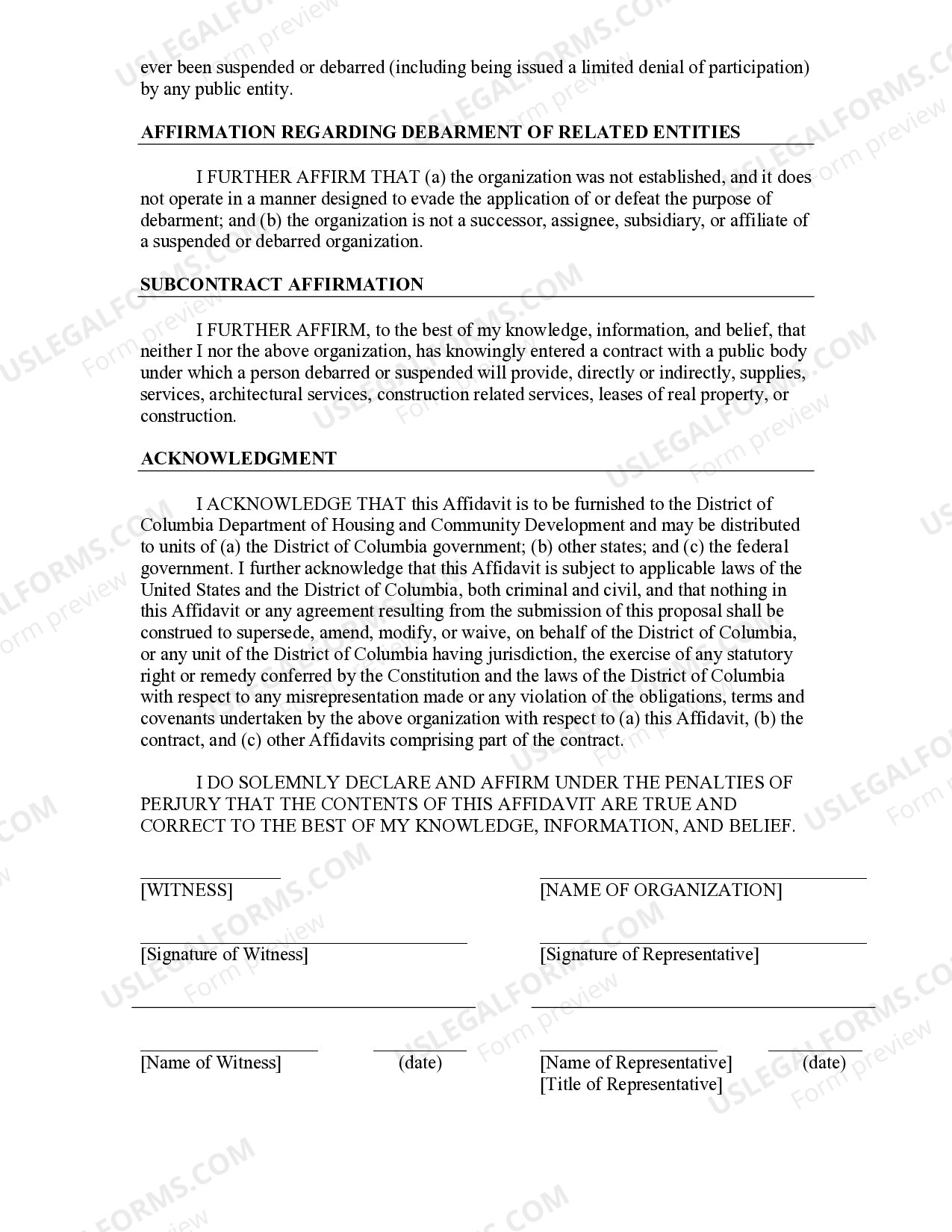 District of Columbia Form of Contract Affidavit | US Legal Forms