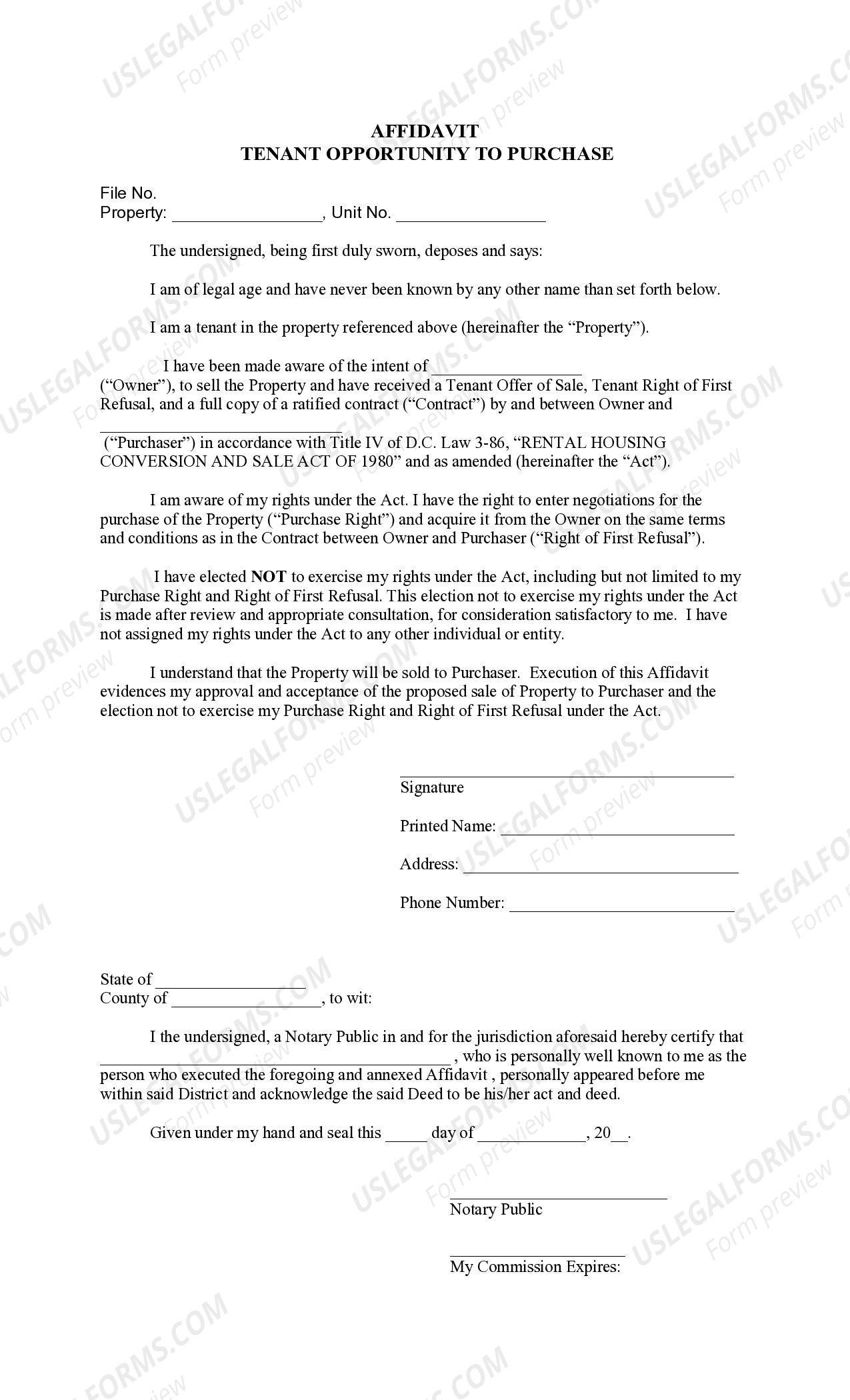 District of Columbia Affidavit - Tenant Opportunity to Purchase | US ...