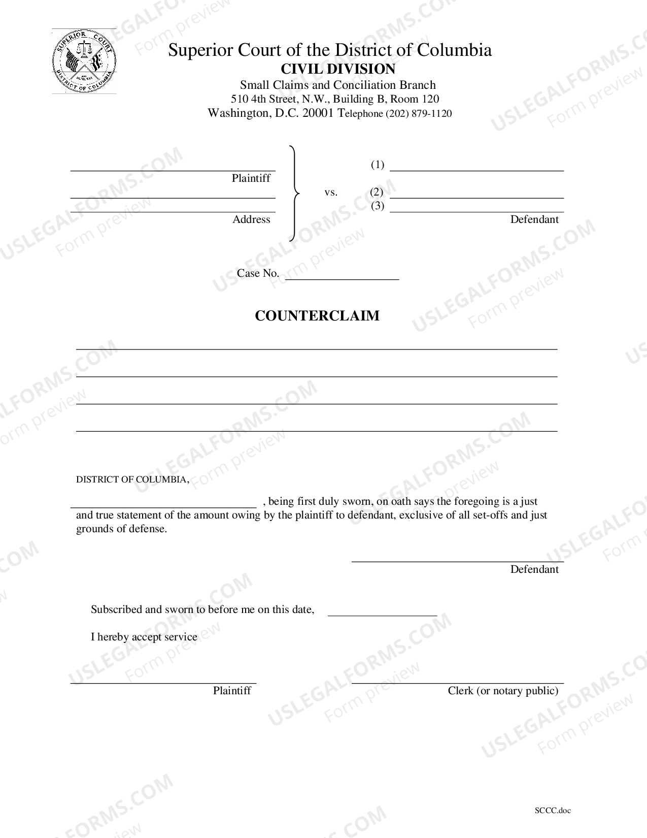 District of Columbia Counterclaim | US Legal Forms