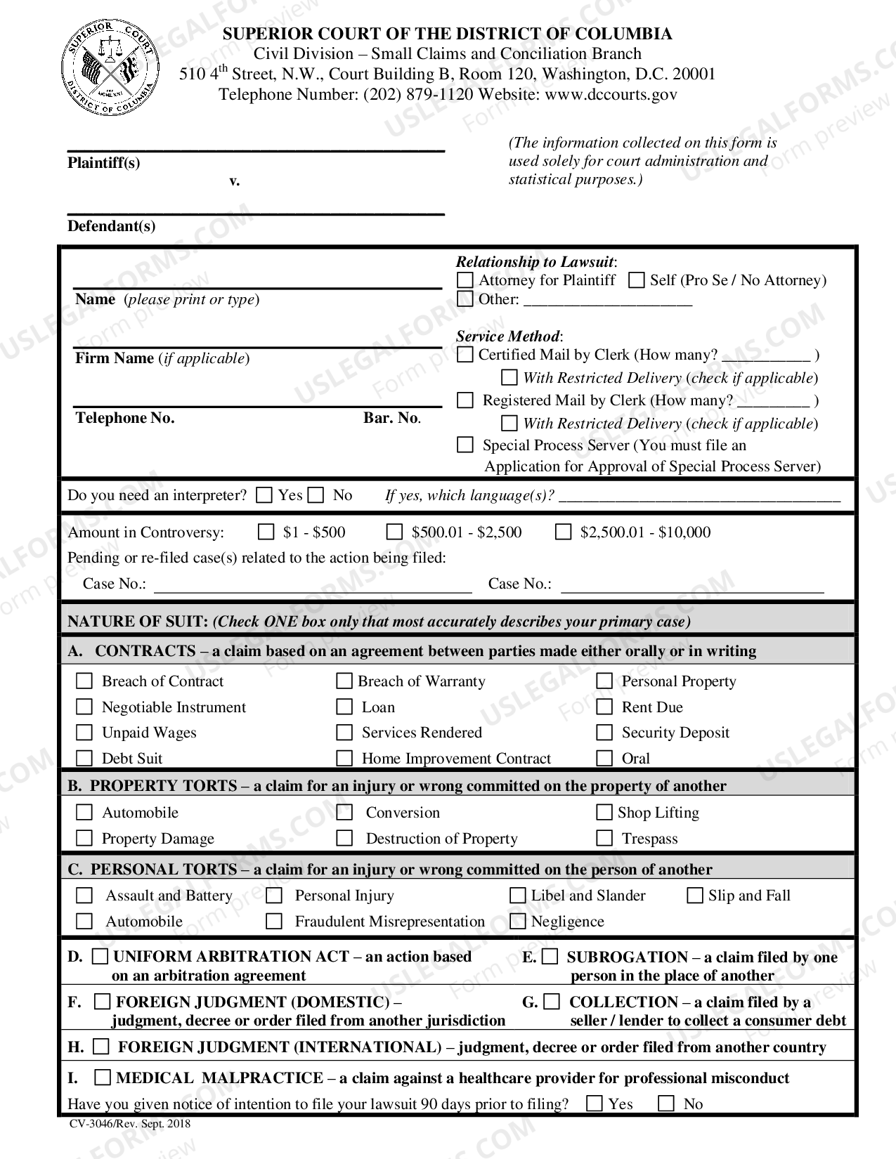 District of Columbia Small Claims Information Sheet | US Legal Forms