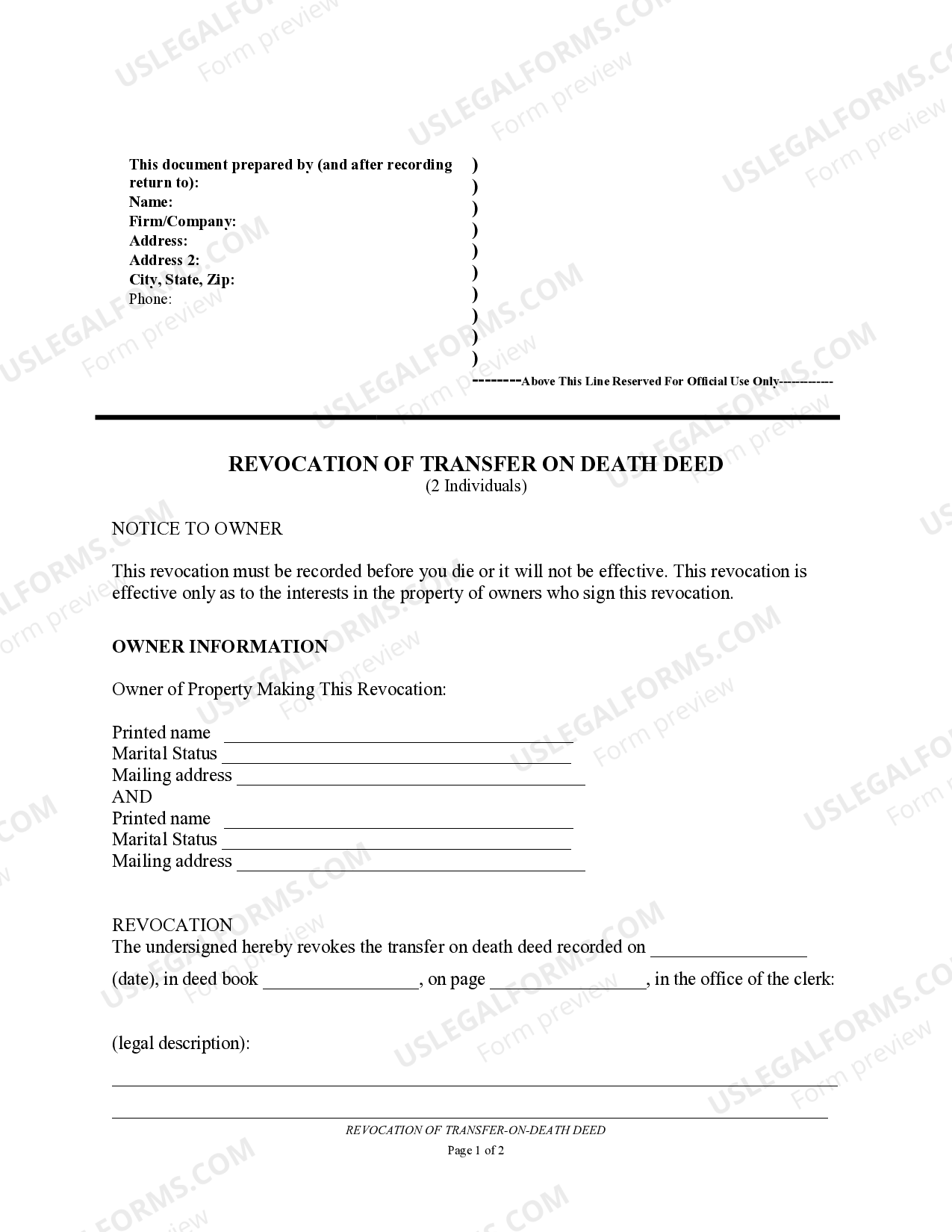 District of Columbia Revocation of Transfer on Death Deed - Beneficiary ...