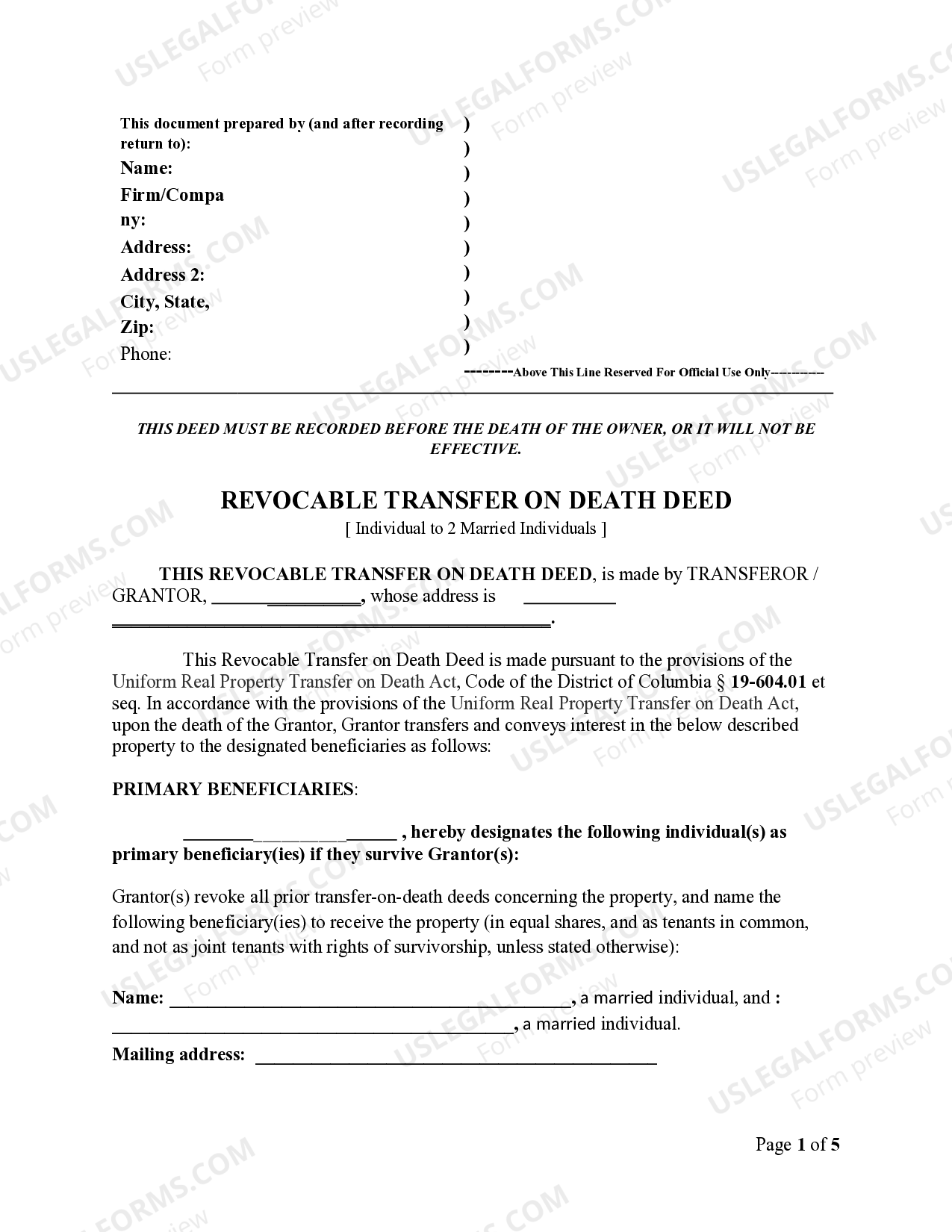 District of Columbia Transfer on Death Deed or TOD - Beneficiary Deed ...