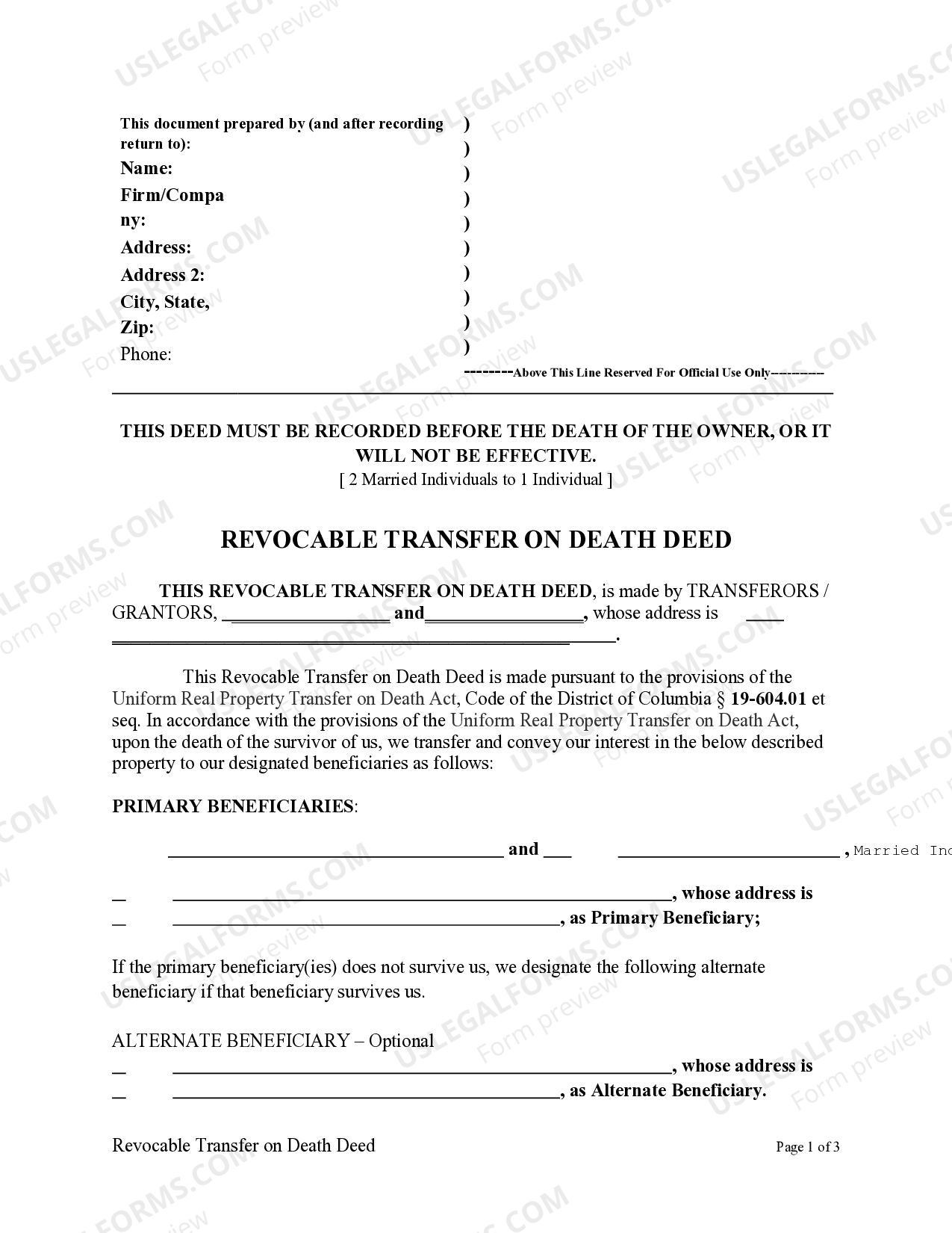 District of Columbia Transfer on Death Deed or TOD - Beneficiary Deed ...