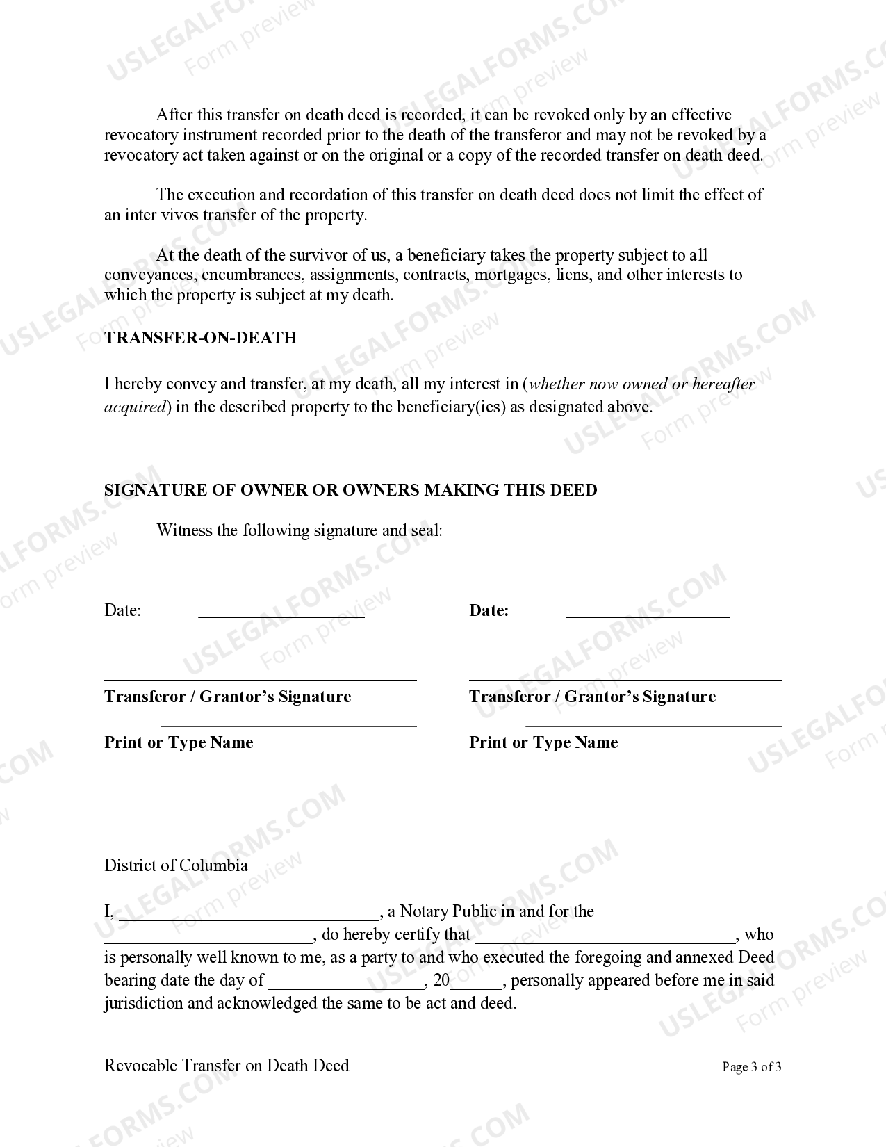 District of Columbia Transfer on Death Deed or TOD - Beneficiary Deed for Husband and Wife to ...