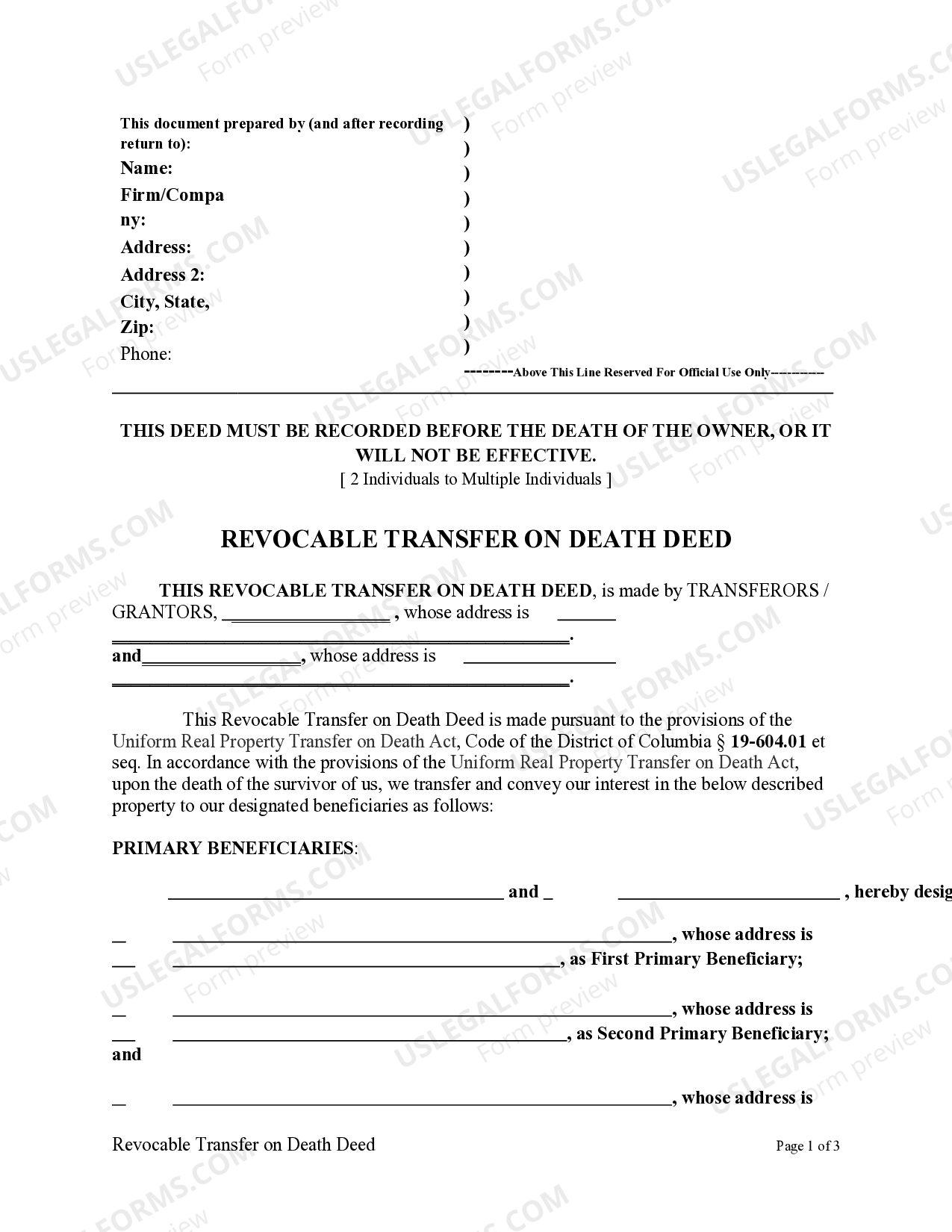 District of Columbia Transfer on Death Deed or TOD - District Of Columbia Tod Deed | US Legal Forms
